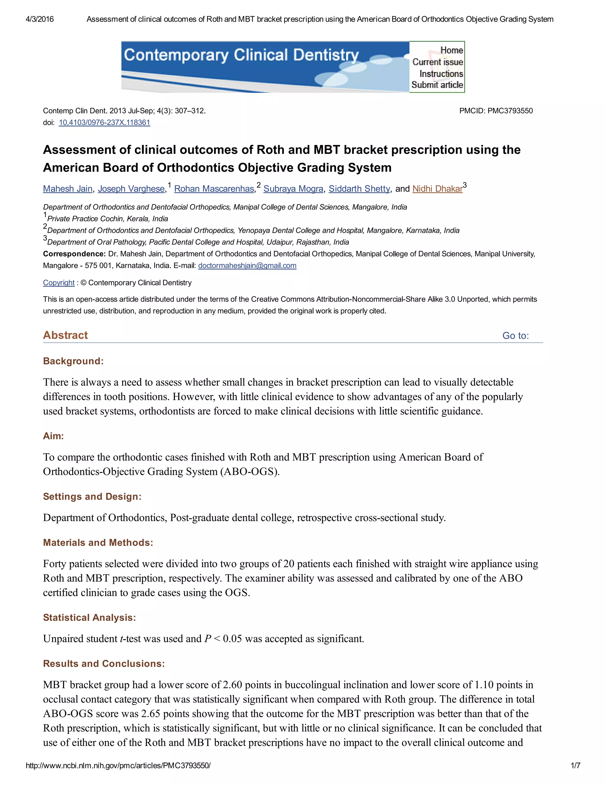 Assessment of clinical outcomes of roth and mbt bracket prescription ...