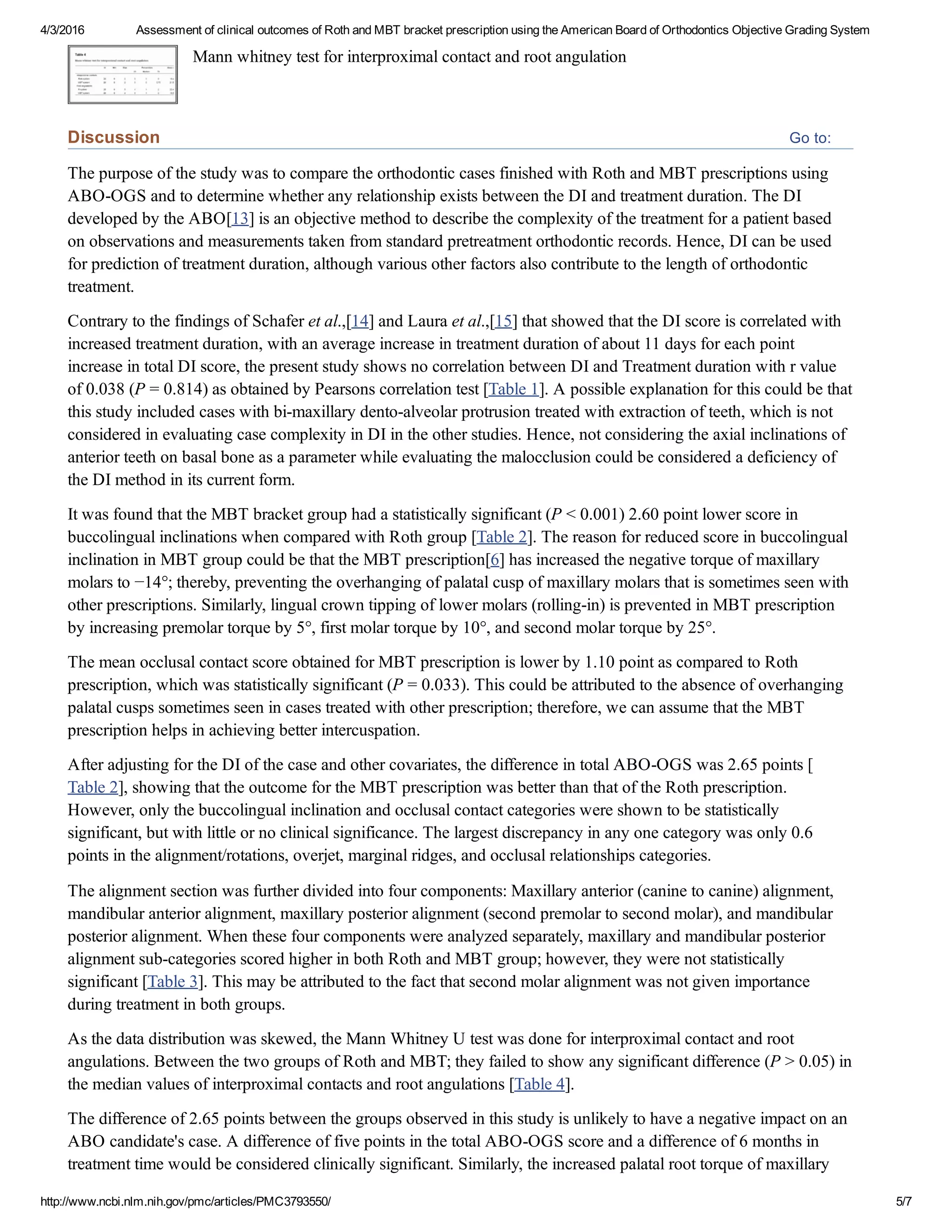 Assessment of clinical outcomes of roth and mbt bracket prescription ...