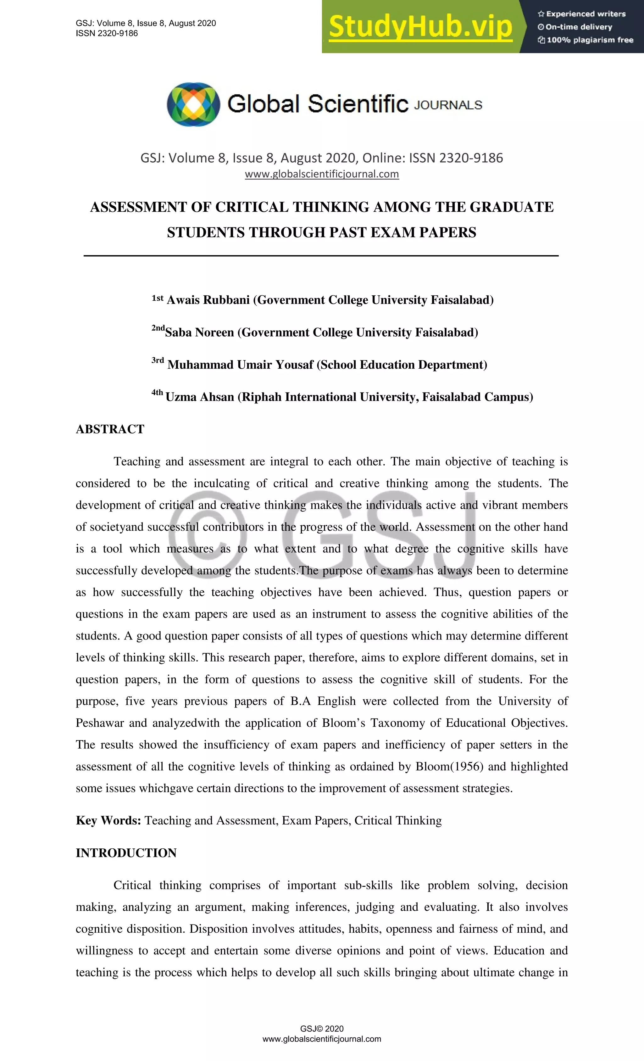 ASSESSMENT OF CRITICAL THINKING AMONG THE GRADUATE STUDENTS THROUGH PAST EXAM PAPERS | PDF