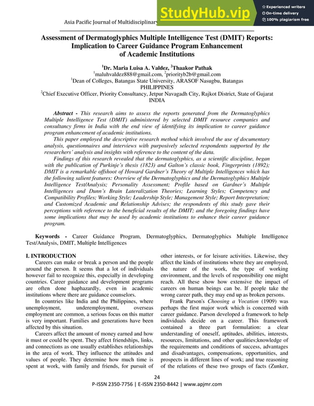 Assessment Of Dermatoglyphics Multiple Intelligence Test (DMIT) Reports ...