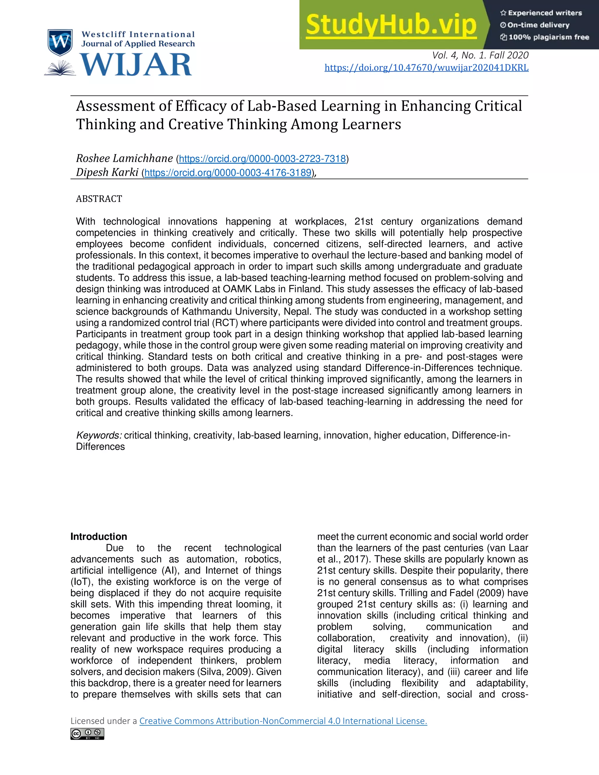 Assessment Of Efficacy Of Lab-Based Learning In Enhancing Critical Thinking And Creative ...