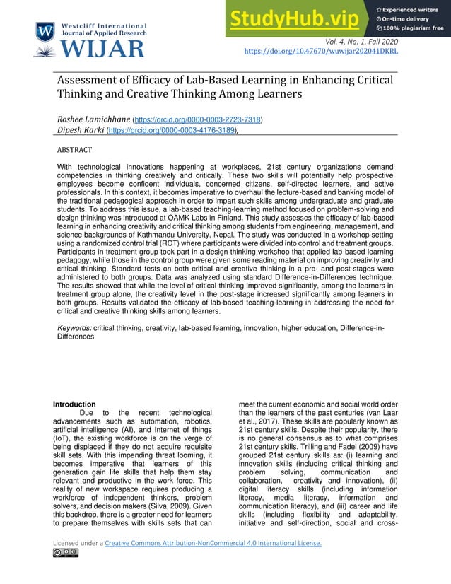 Assessment Of Efficacy Of Lab-Based Learning In Enhancing Critical ...