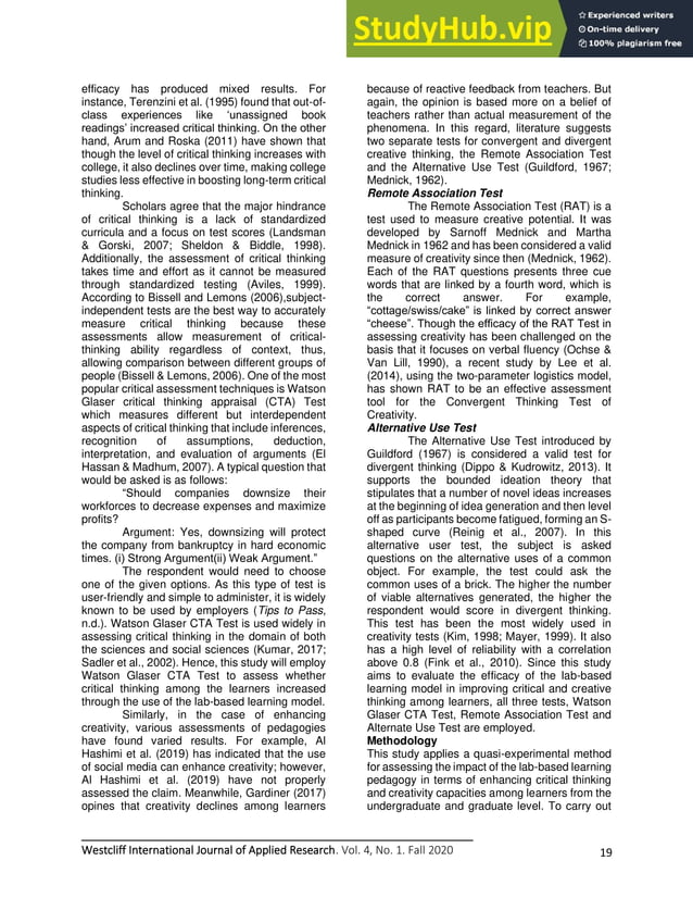 Assessment Of Efficacy Of Lab-Based Learning In Enhancing Critical Thinking And Creative ...