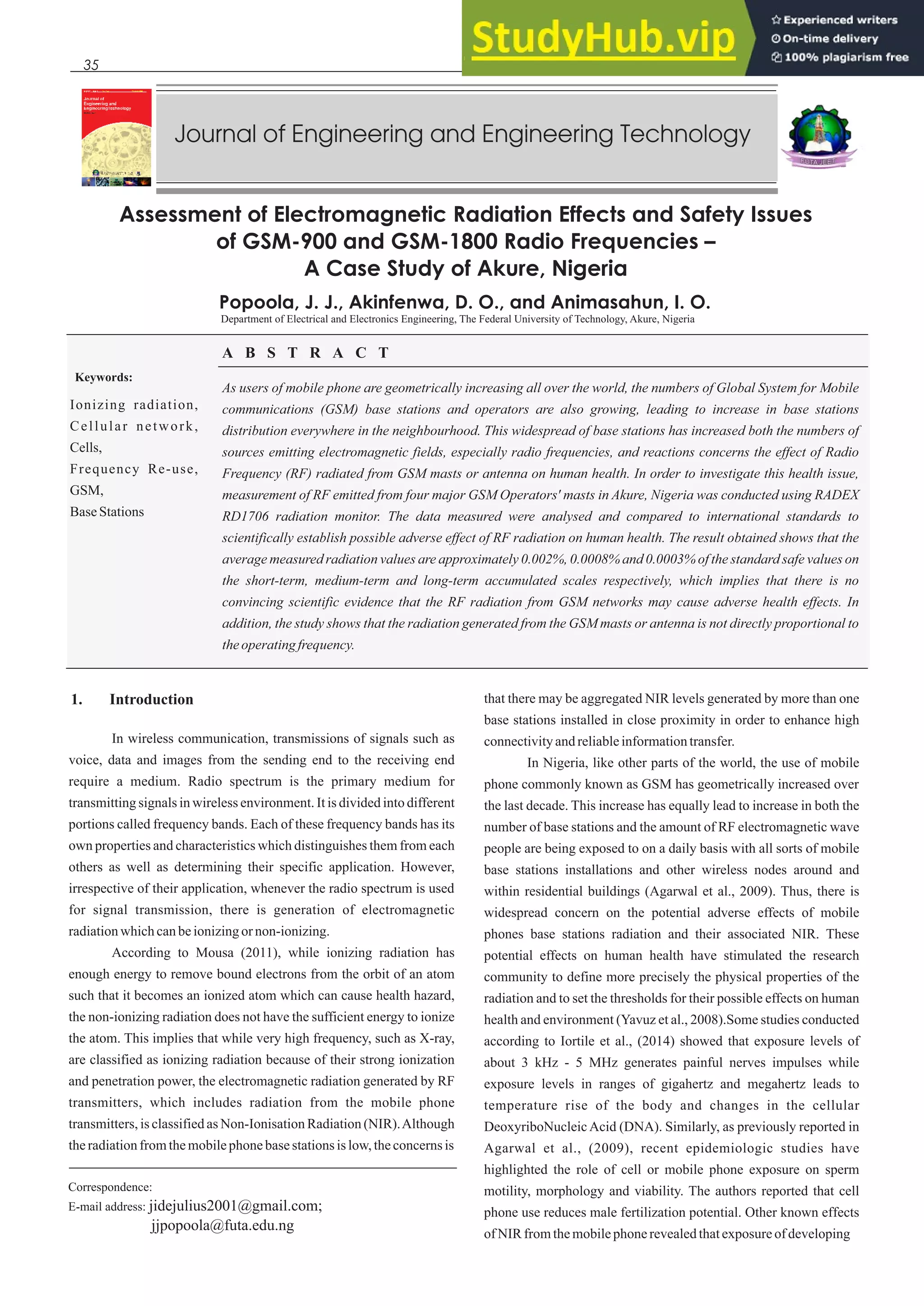 Assessment Of Electromagnetic Radiation Effects And Safety Issues Of ...