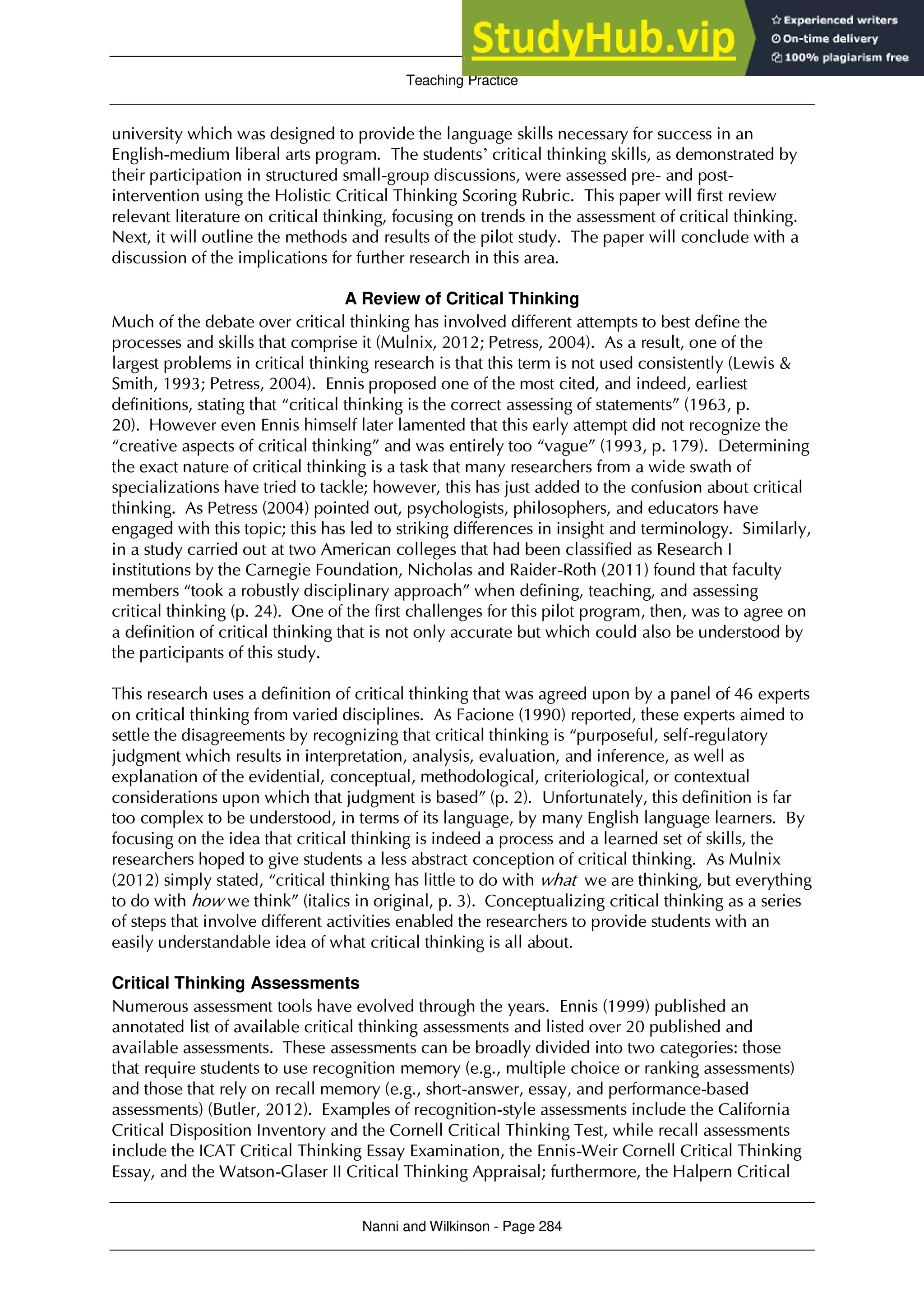 Assessment Of Ells Critical Thinking Using The Holistic Critical