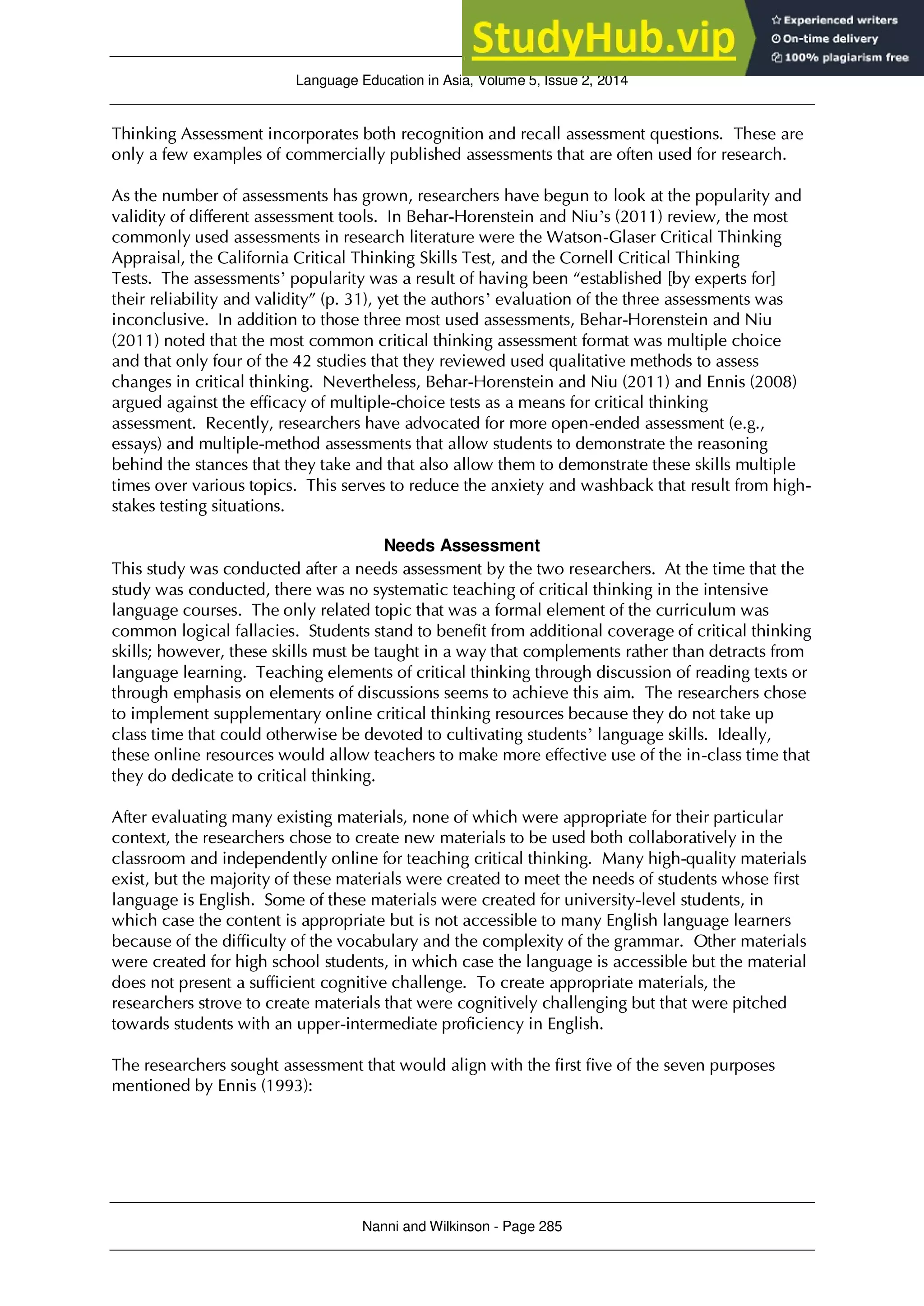 Assessment Of Ells Critical Thinking Using The Holistic Critical