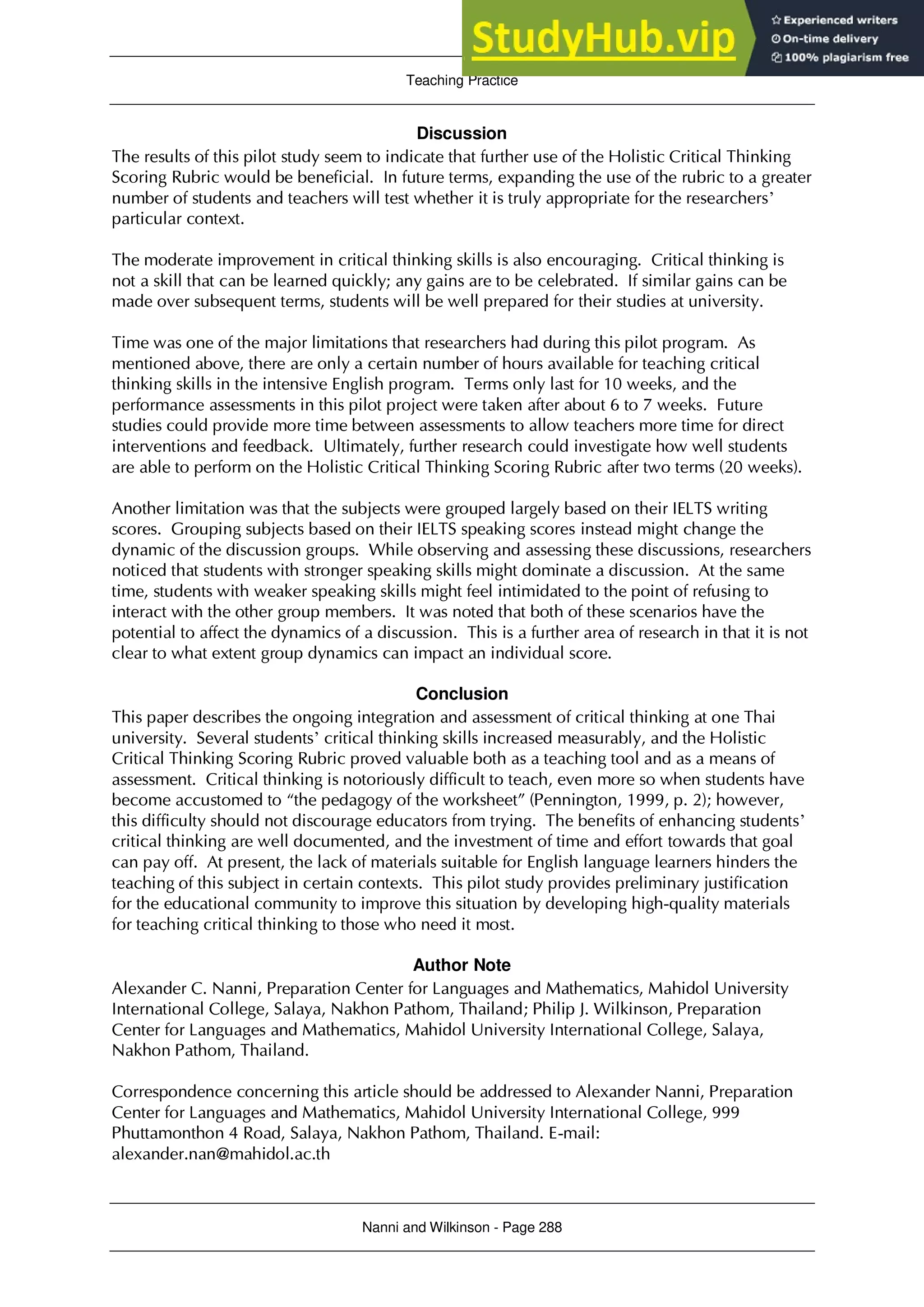 Assessment Of ELLs Critical Thinking Using The Holistic Critical ...