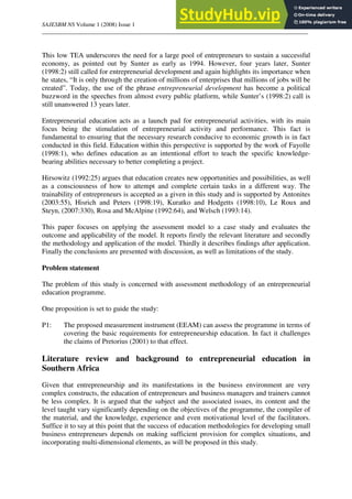 Assessment Of Entrepreneurship Education A Pilot Study | PDF