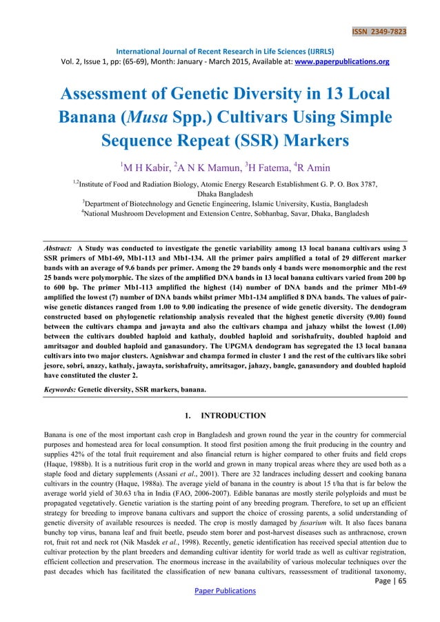 Assessment of Genetic Diversity in 13 Local Banana (Musa Spp.) Cultivars Using Simple Sequence ...