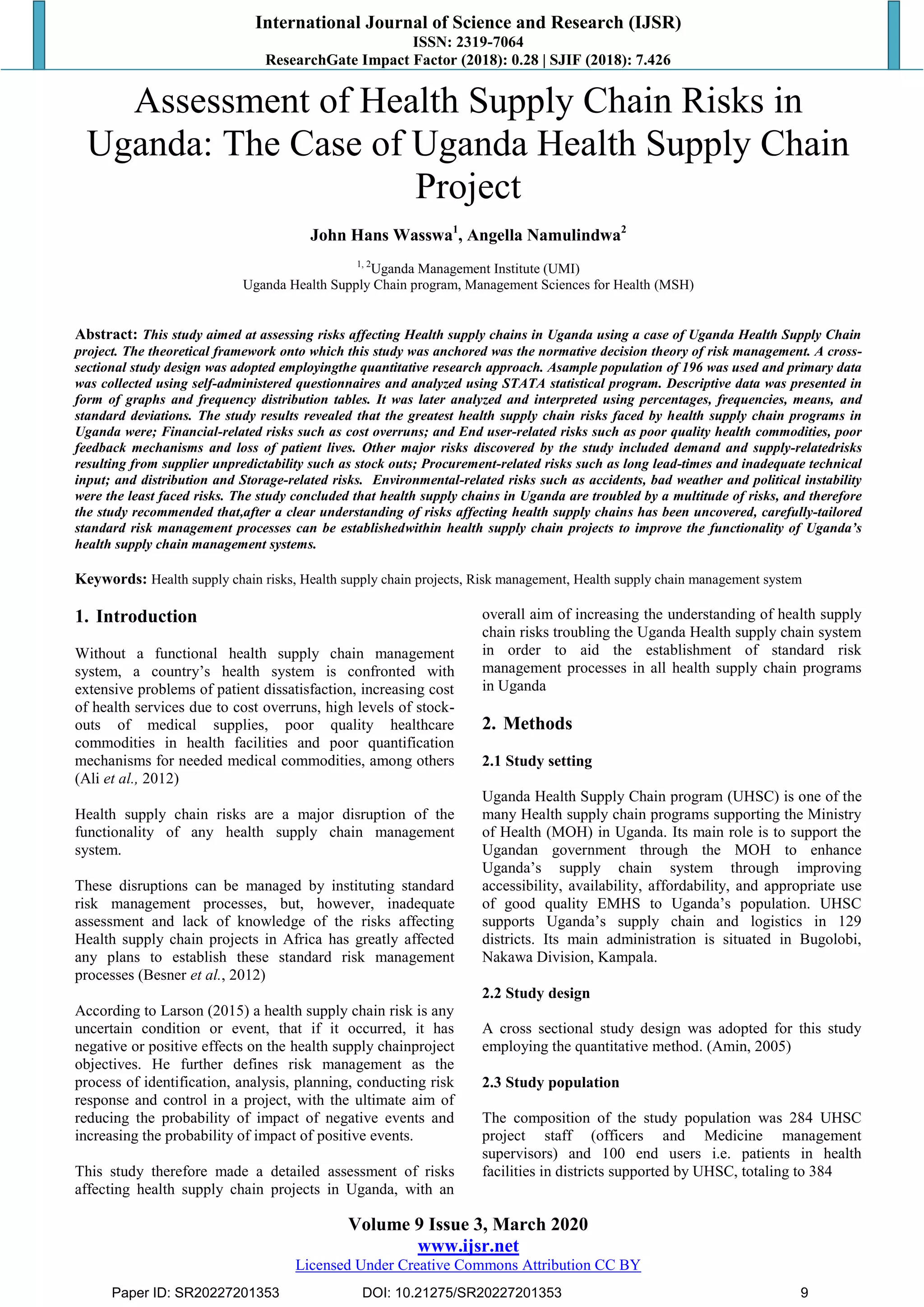 Assessment of Health Supply Chain Risks in Uganda. The Case of Uganda ...