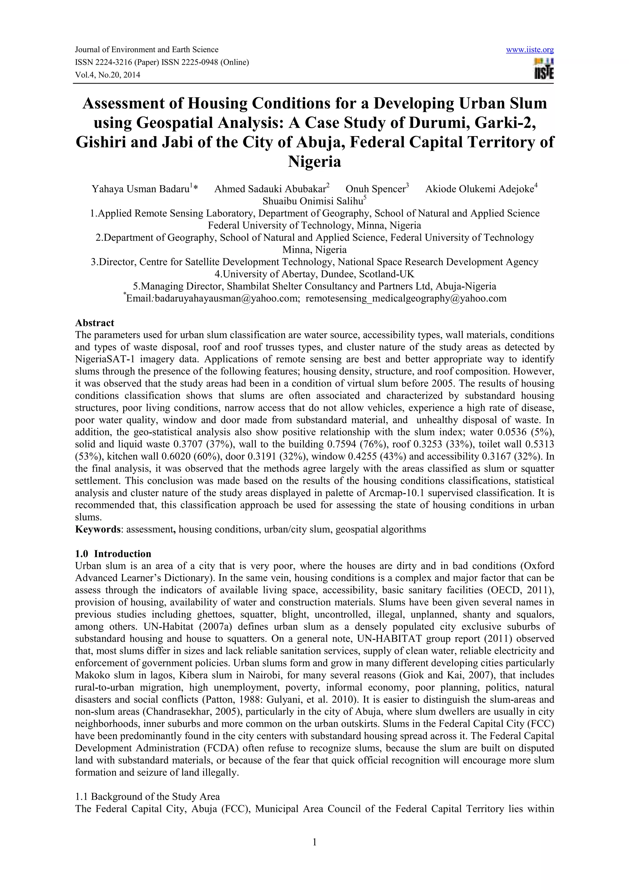 Assessment of housing conditions for a developing urban slum using ...