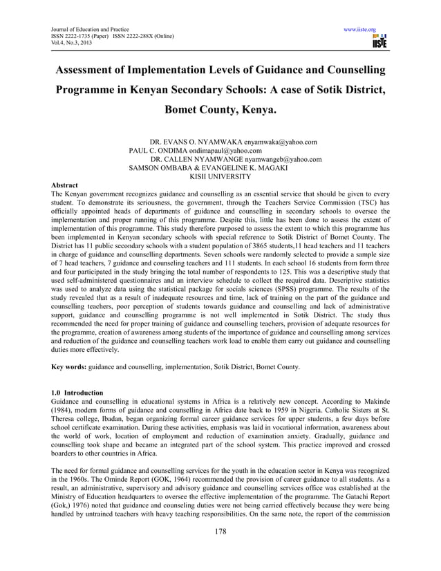 Assessment of implementation levels of guidance and counselling | PDF