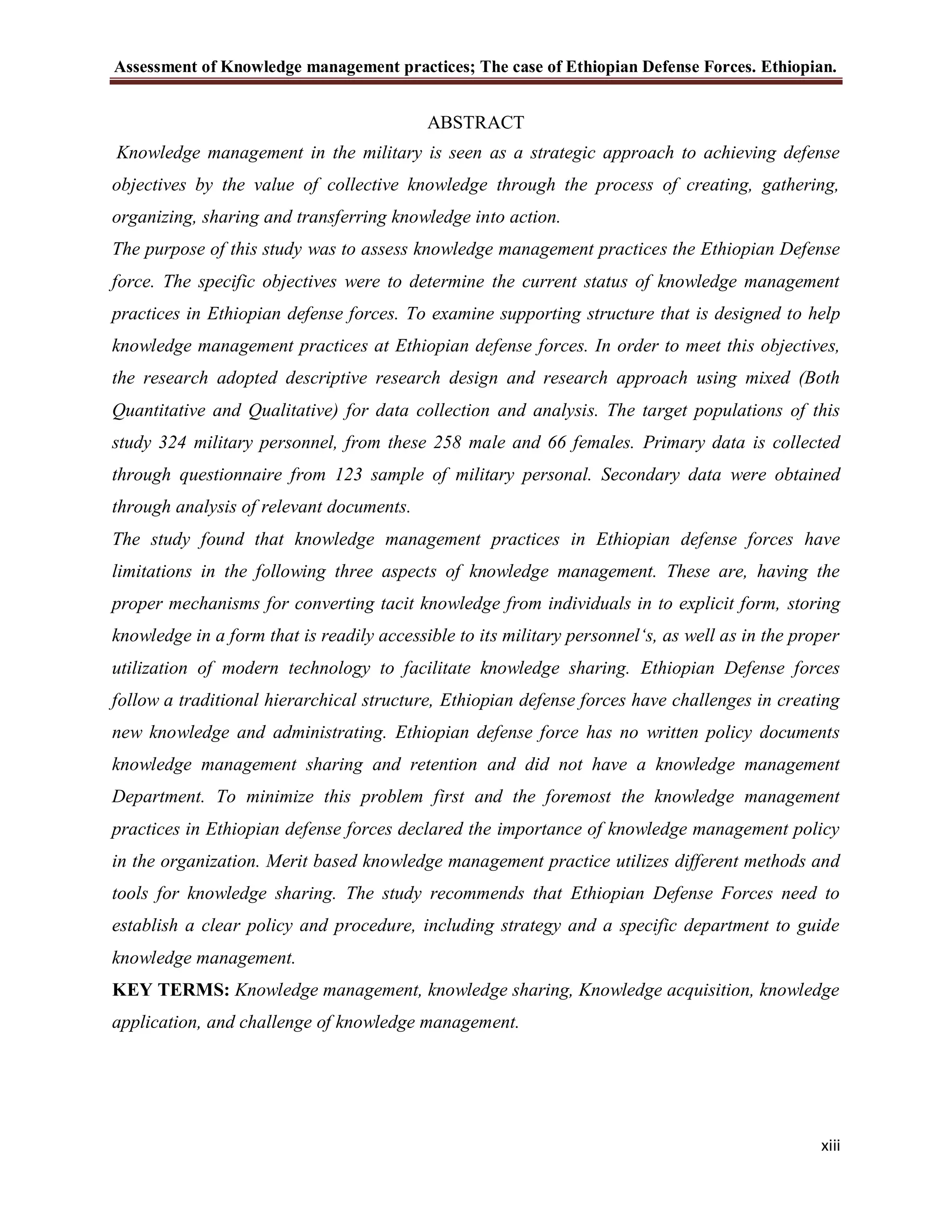 Assessment of knowledge management practices the case of ethiopian defense forces, ethiopian. | PDF