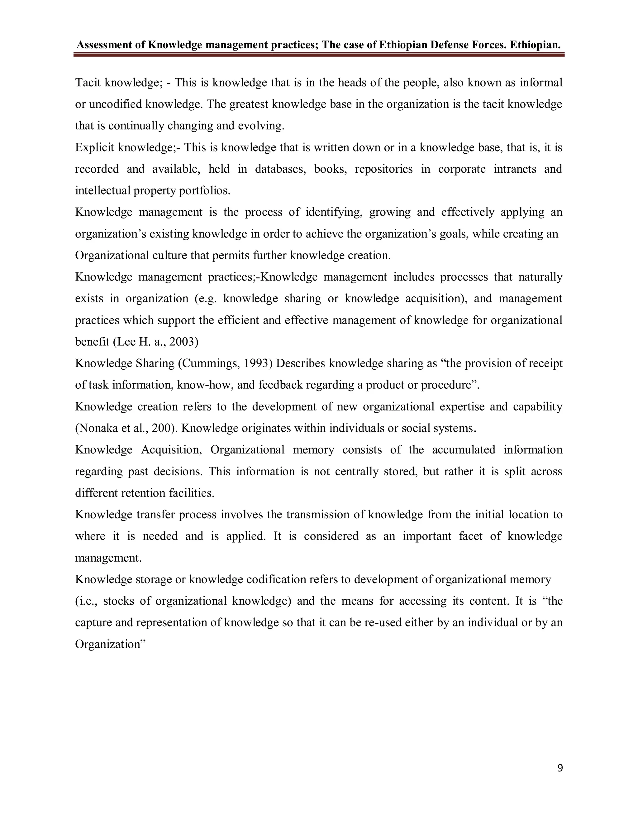 Assessment of knowledge management practices the case of ethiopian defense forces, ethiopian. | PDF