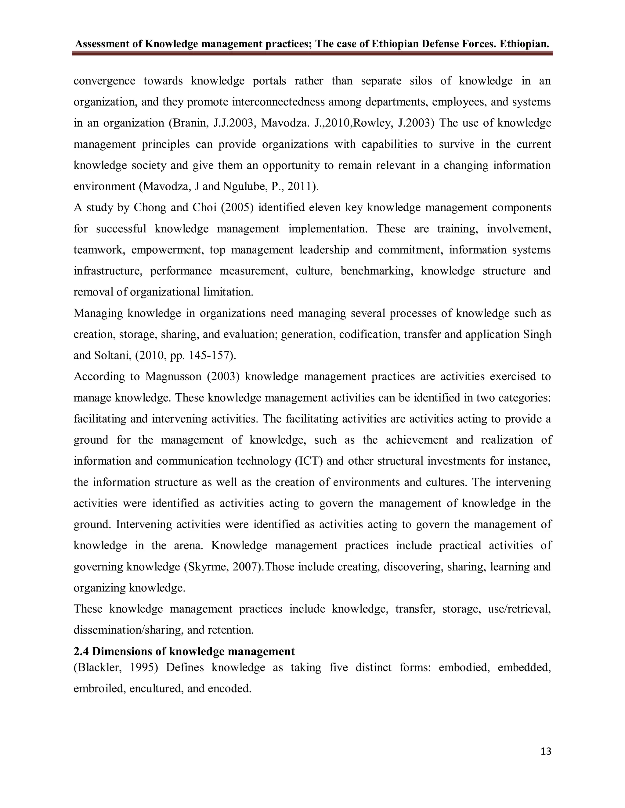 Assessment of knowledge management practices the case of ethiopian defense forces, ethiopian. | PDF