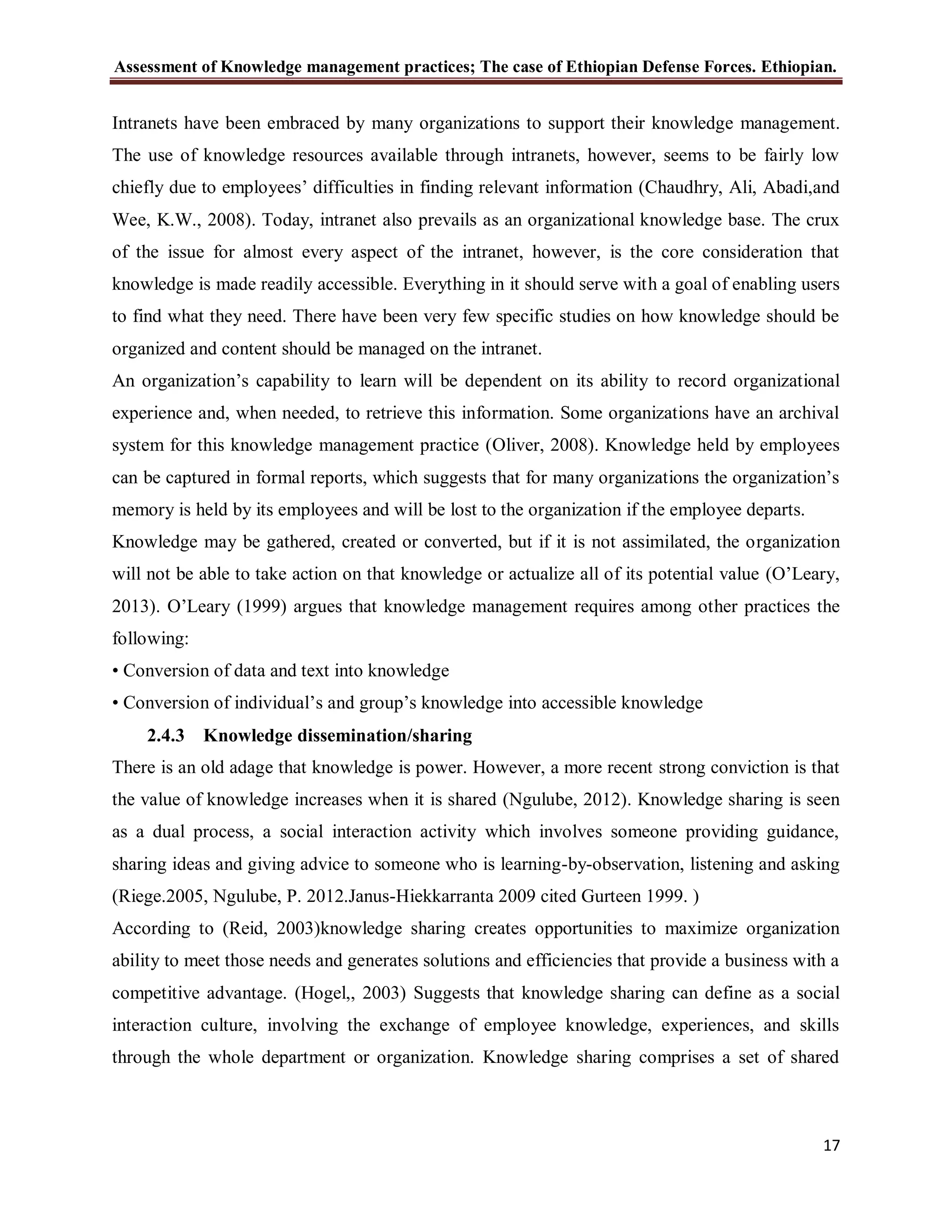 Assessment of knowledge management practices the case of ethiopian defense forces, ethiopian. | PDF