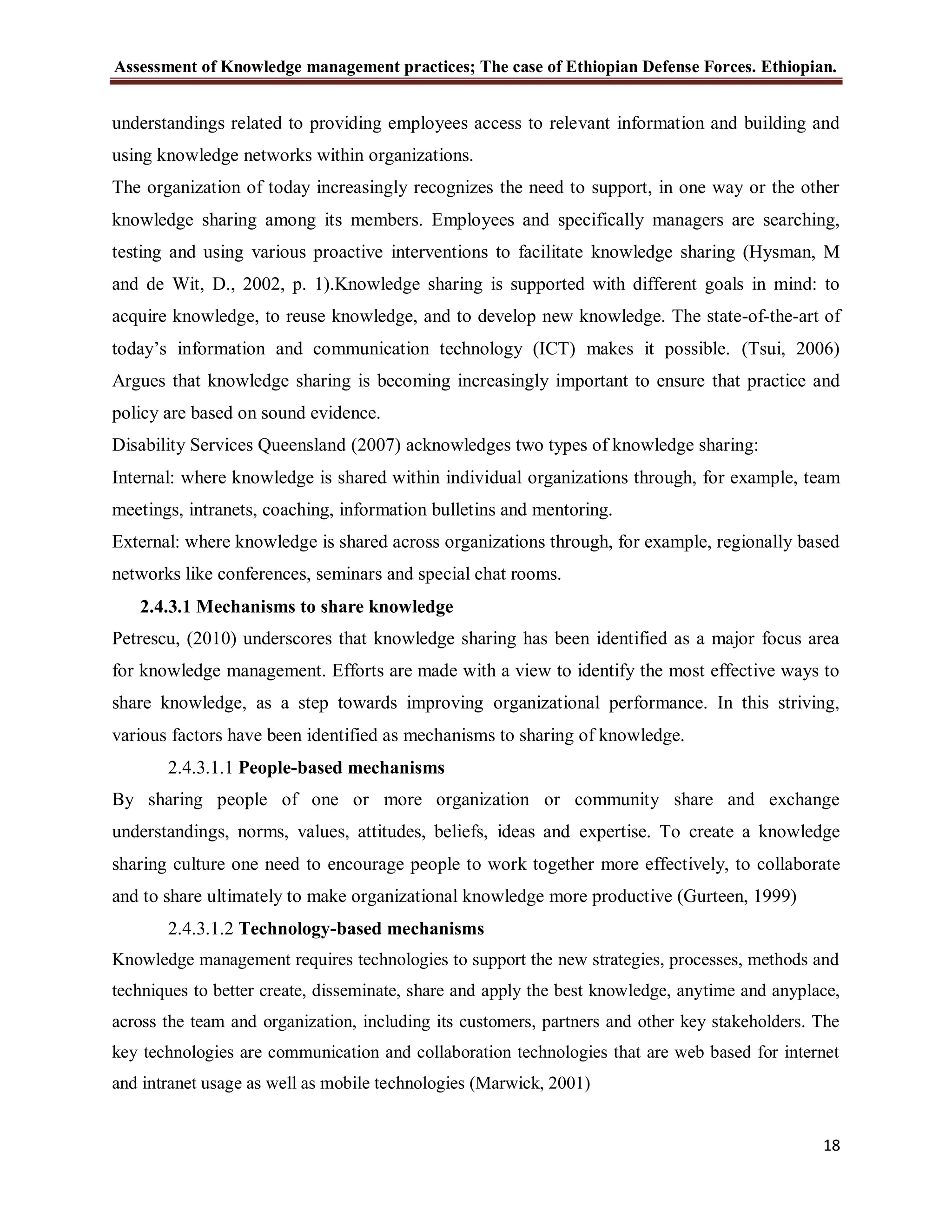 Assessment of knowledge management practices the case of ethiopian defense forces, ethiopian. | PDF