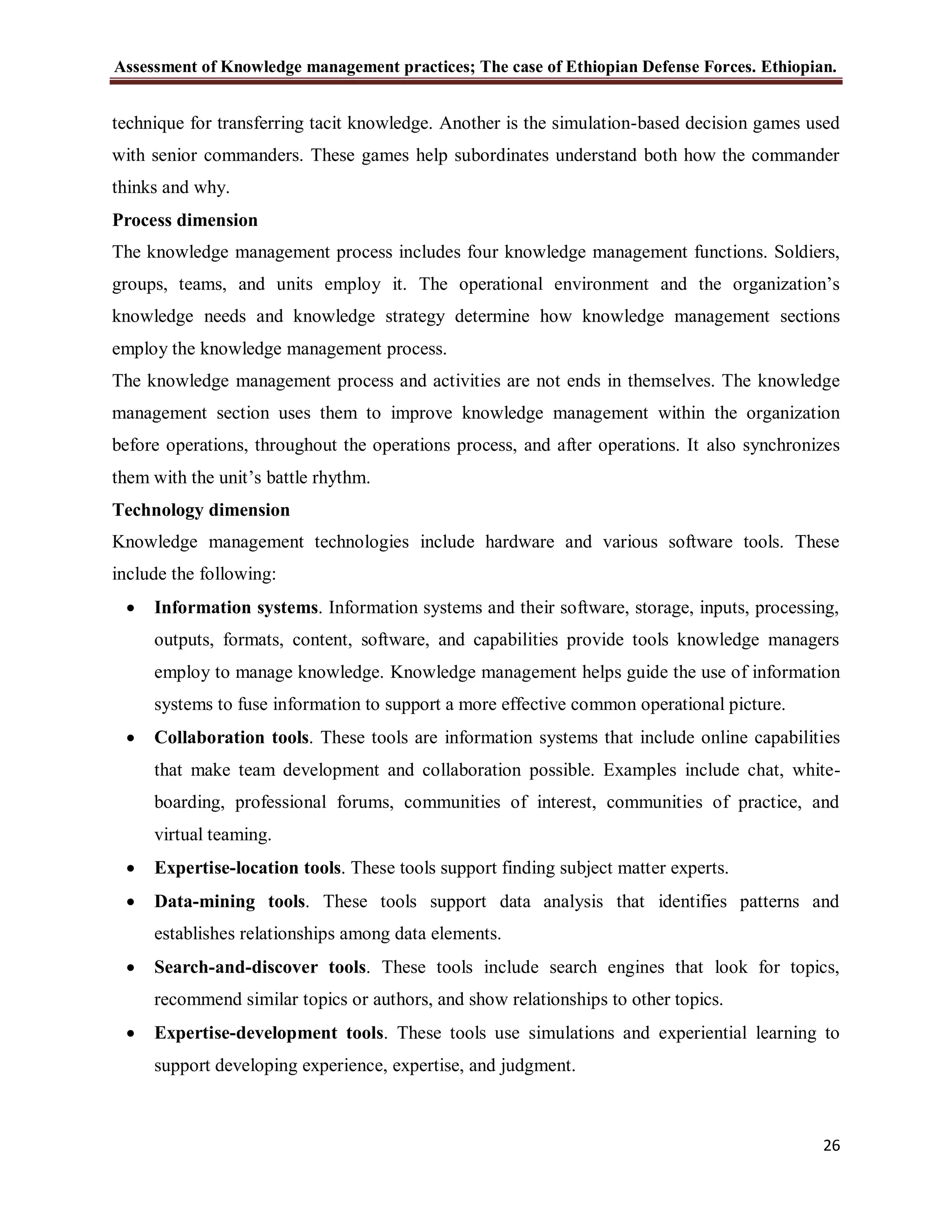Assessment of knowledge management practices the case of ethiopian defense forces, ethiopian. | PDF