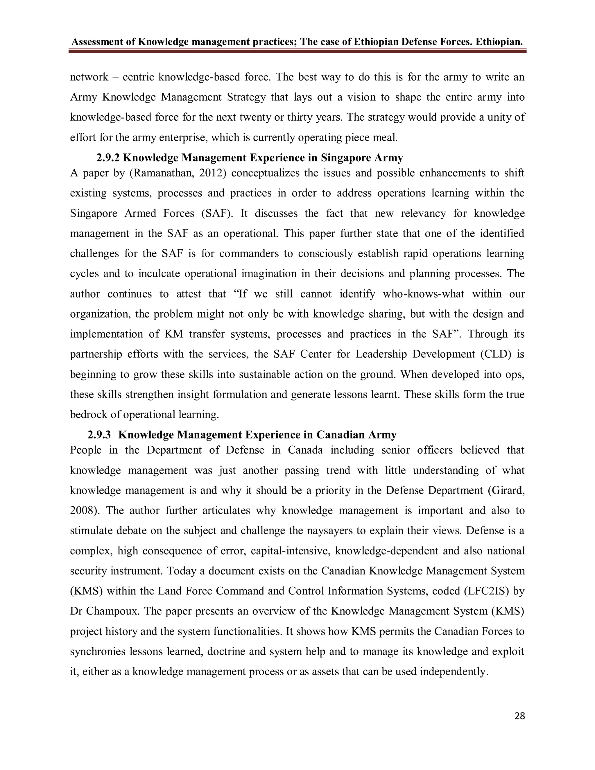 Assessment of knowledge management practices the case of ethiopian defense forces, ethiopian. | PDF