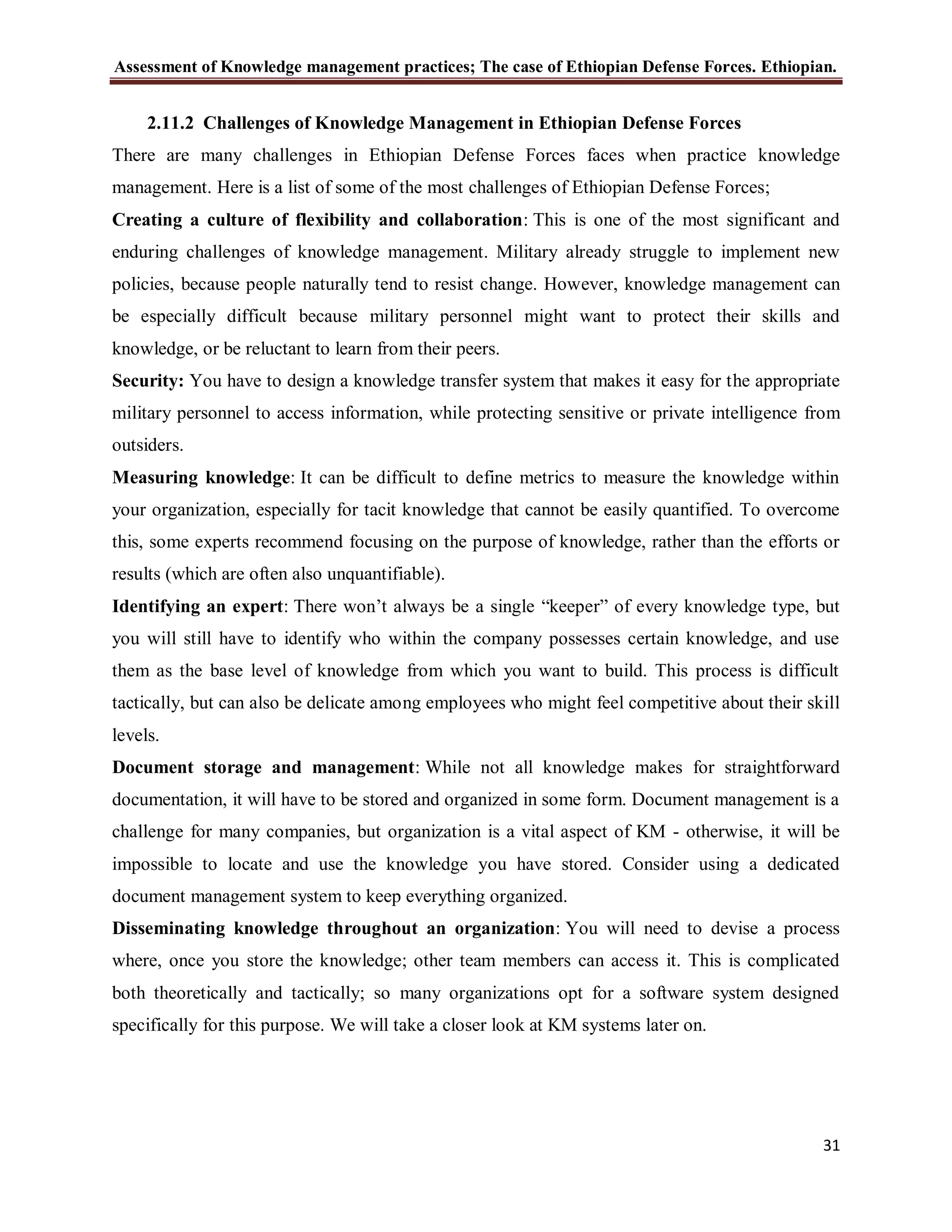 Assessment of knowledge management practices the case of ethiopian defense forces, ethiopian. | PDF