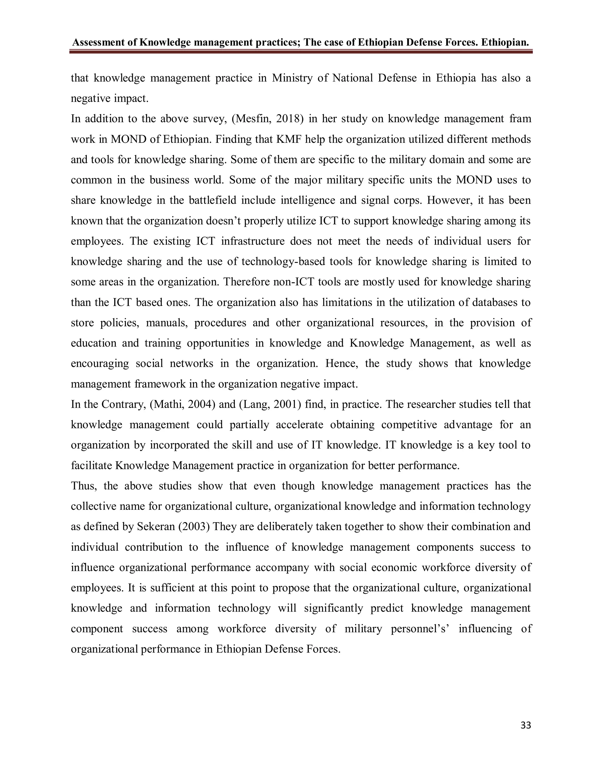 Assessment of knowledge management practices the case of ethiopian defense forces, ethiopian. | PDF