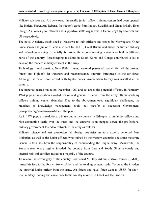 Assessment of knowledge management practices the case of ethiopian defense forces, ethiopian. | PDF