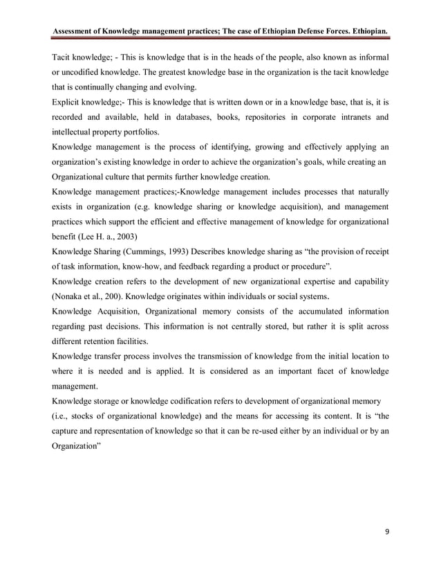 Assessment of knowledge management practices the case of ethiopian defense forces, ethiopian. | PDF