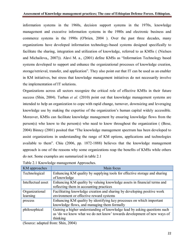 Assessment of knowledge management practices the case of ethiopian defense forces, ethiopian. | PDF