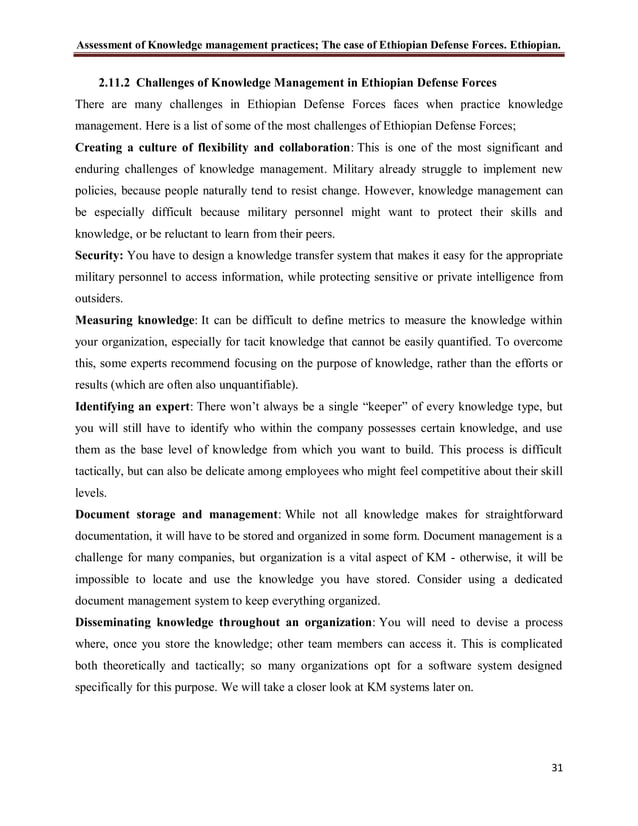 Assessment of knowledge management practices the case of ethiopian defense forces, ethiopian. | PDF