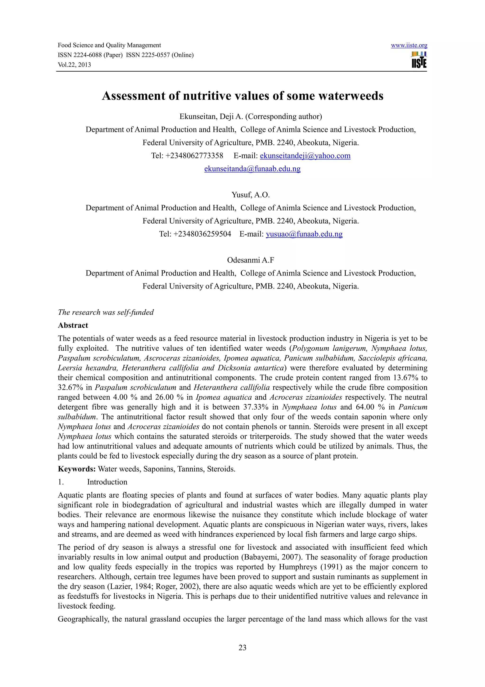 Assessment of nutritive values of some waterweeds | PDF