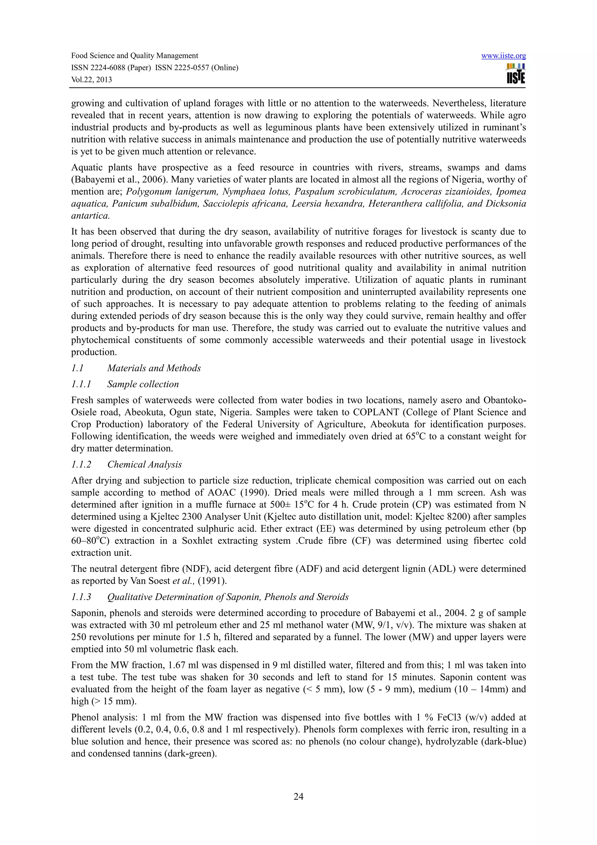 Assessment of nutritive values of some waterweeds | PDF