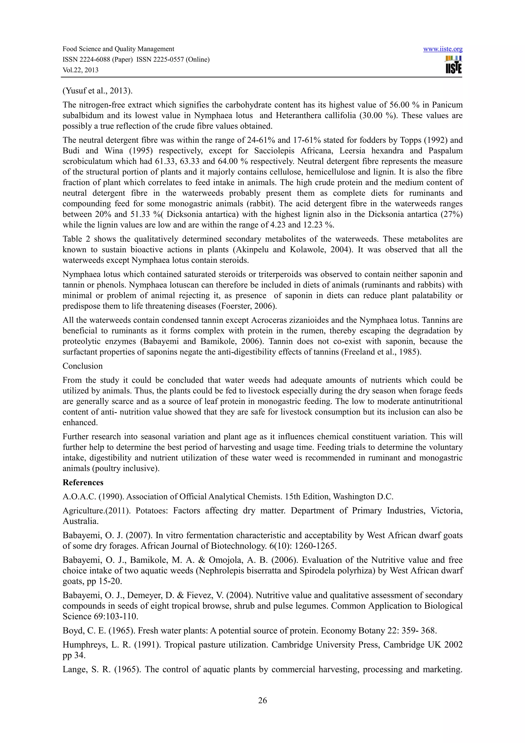 Assessment of nutritive values of some waterweeds | PDF