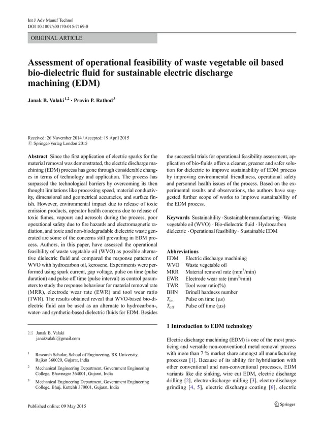 waste vegetable oil as biodielectric fluid for sustainable EDM | PDF