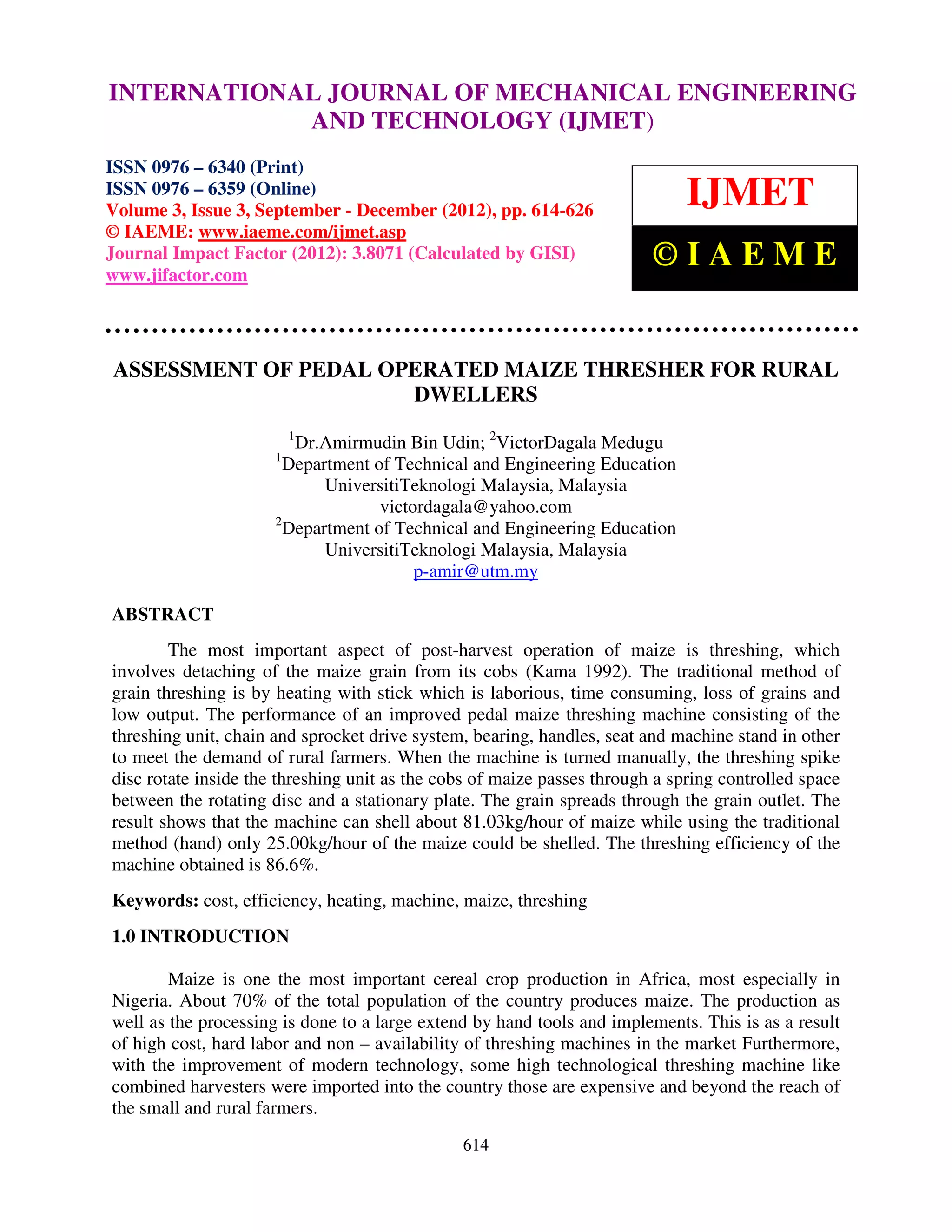 Assessment of pedal operated maize thresher for rural dwellers | PDF