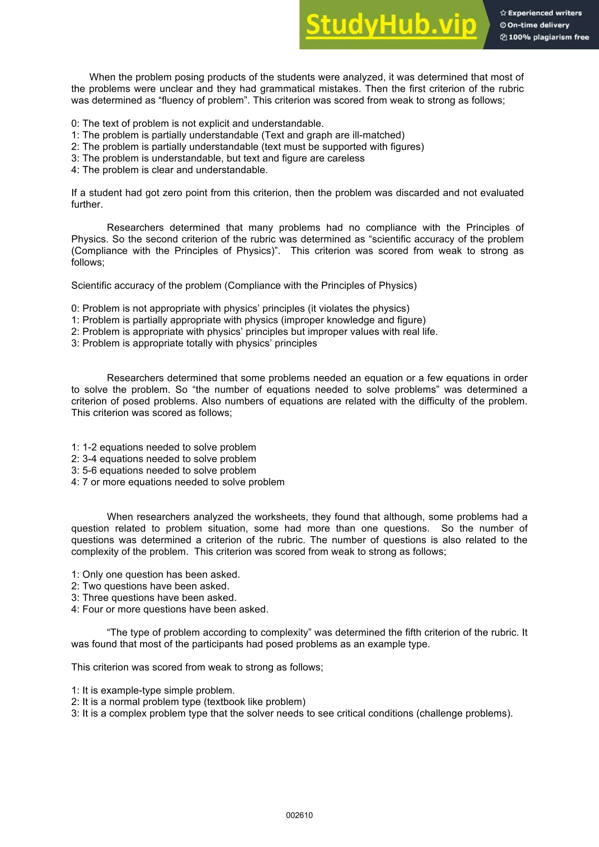 ASSESSMENT OF PHYSICS PROBLEMS POSED BY STUDENTS | PDF