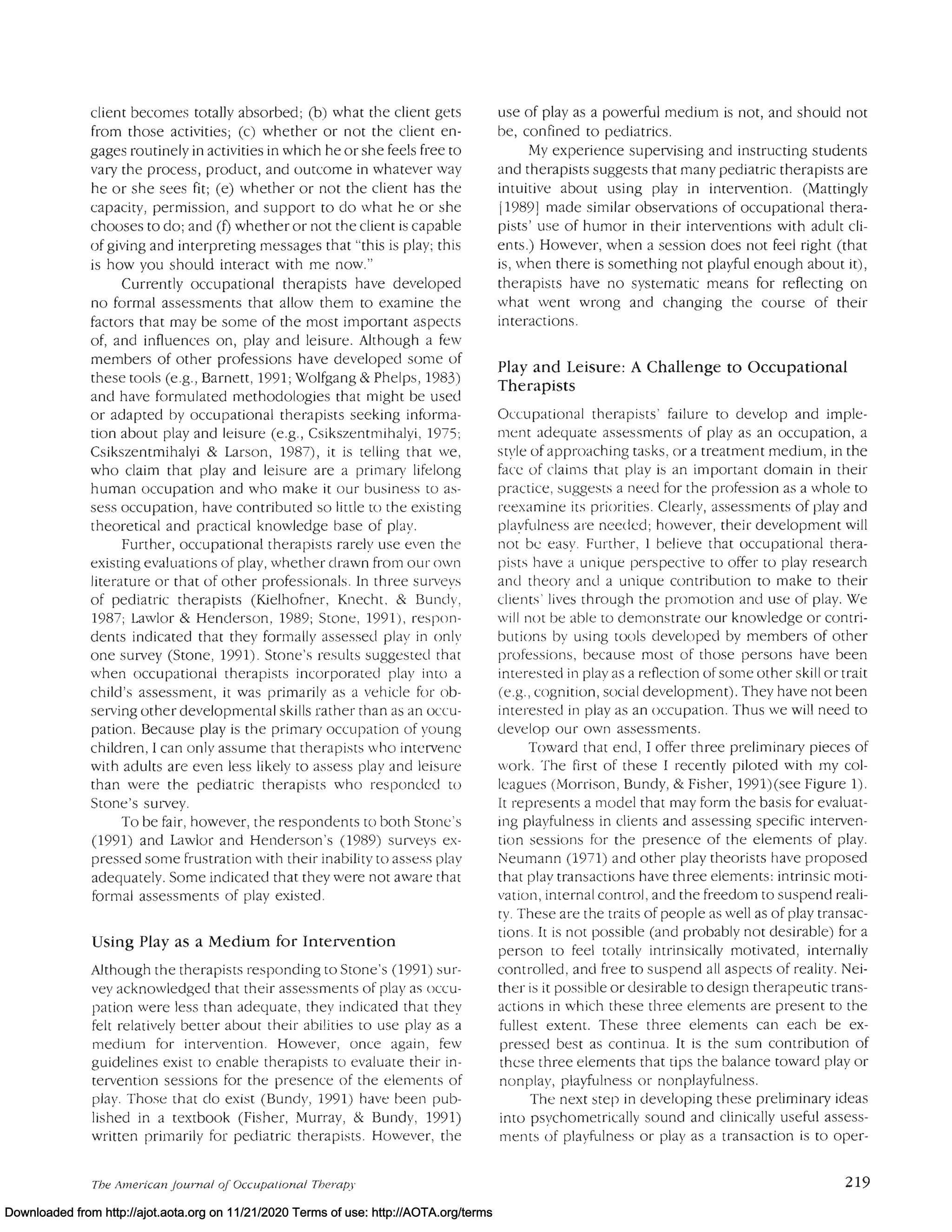 Assessment of play and leisure delineation of the problem | PDF