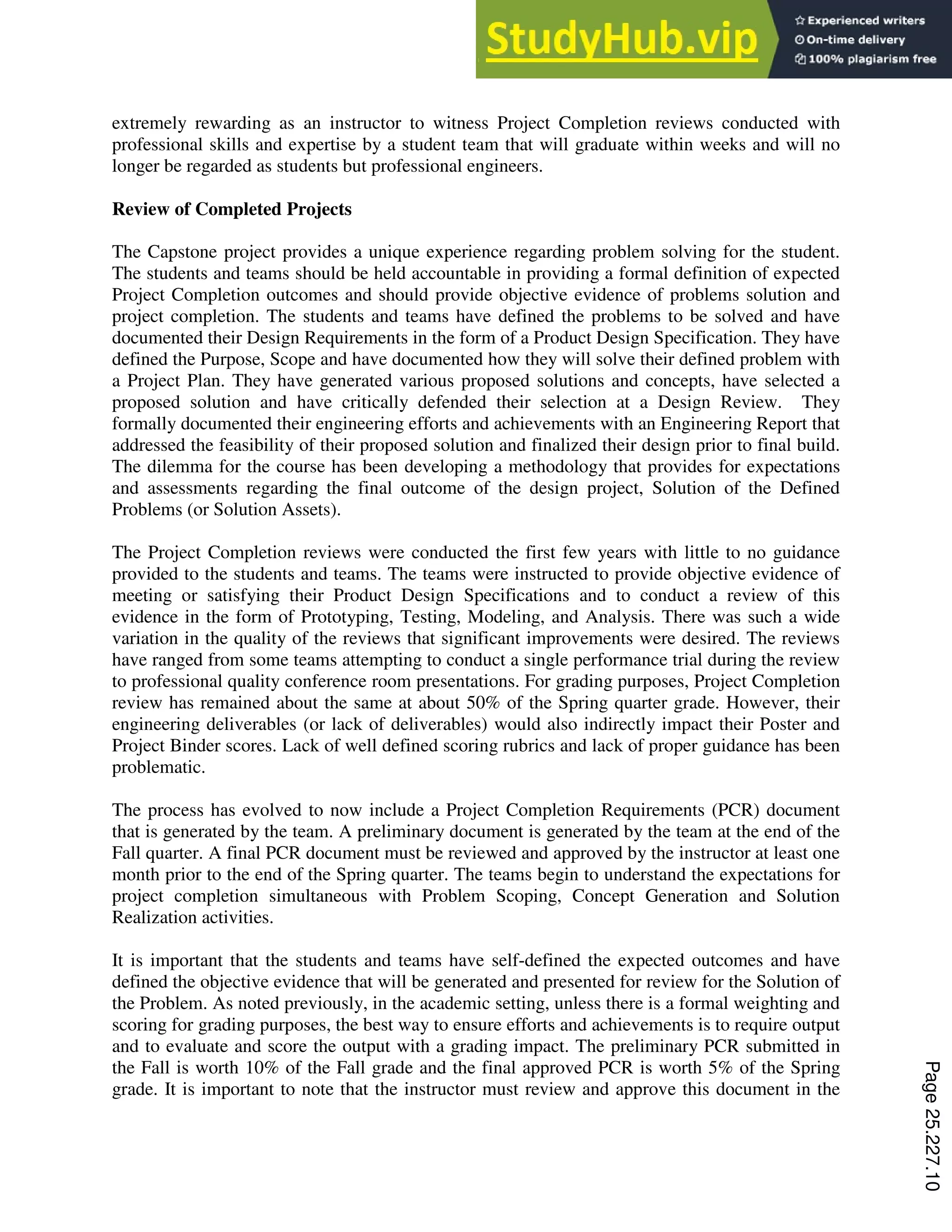 Assessment Of Project Completion For Capstone Design Projects | PDF