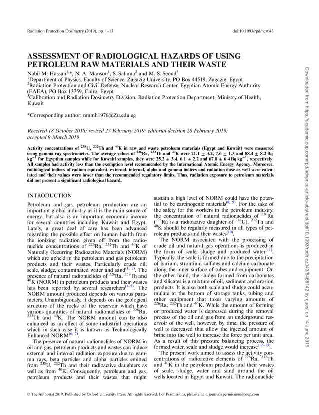 ASSESSMENT OF RADIOLOGICAL HAZARDS OF USING PETROLEUM RAW MATERIALS AND THEIR WASTE | PDF