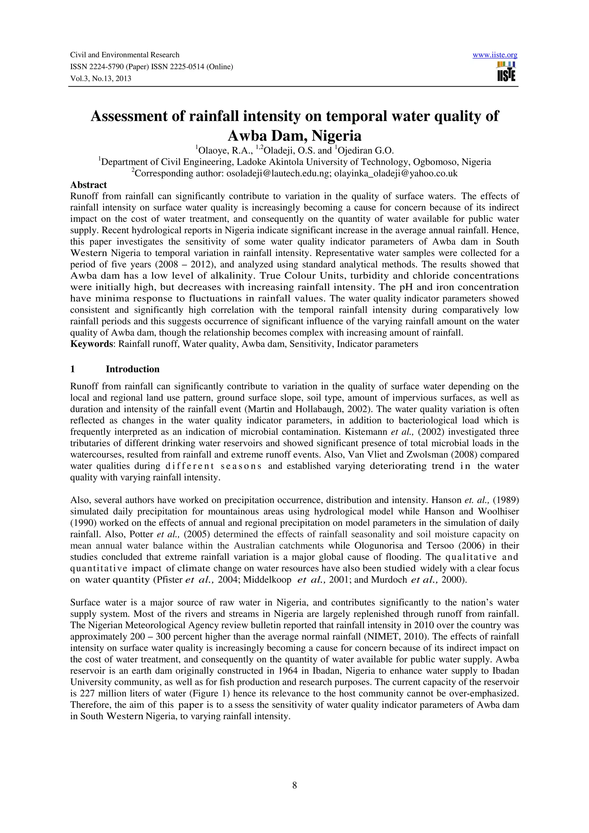 Assessment of rainfall intensity on temporal water quality of awba dam | PDF