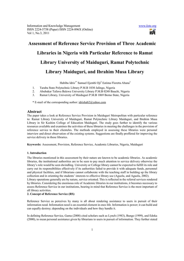 Assessment of reference service provision of three academic libraries ...