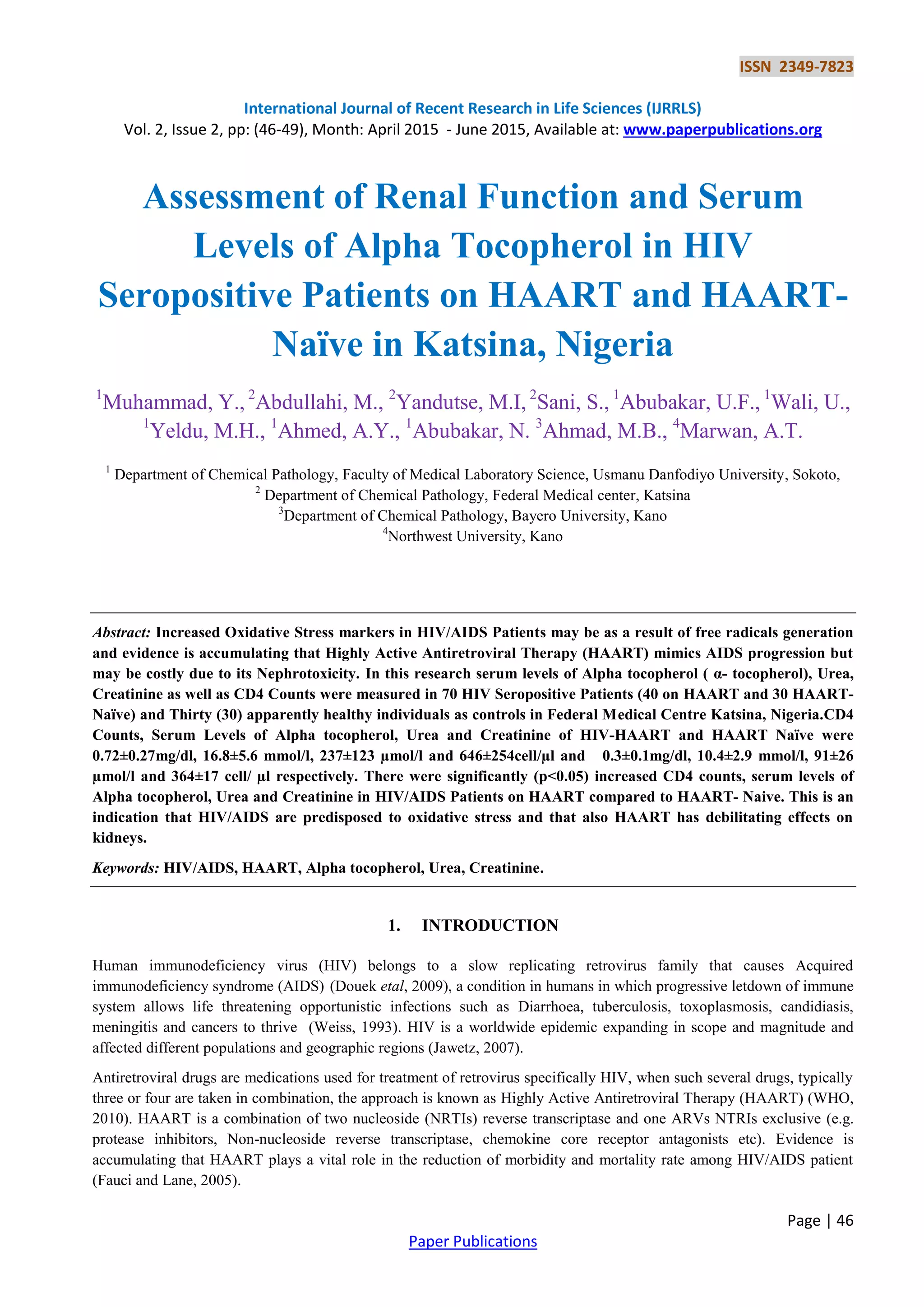 Assessment of Renal Function and Serum Levels of Alpha Tocopherol in ...