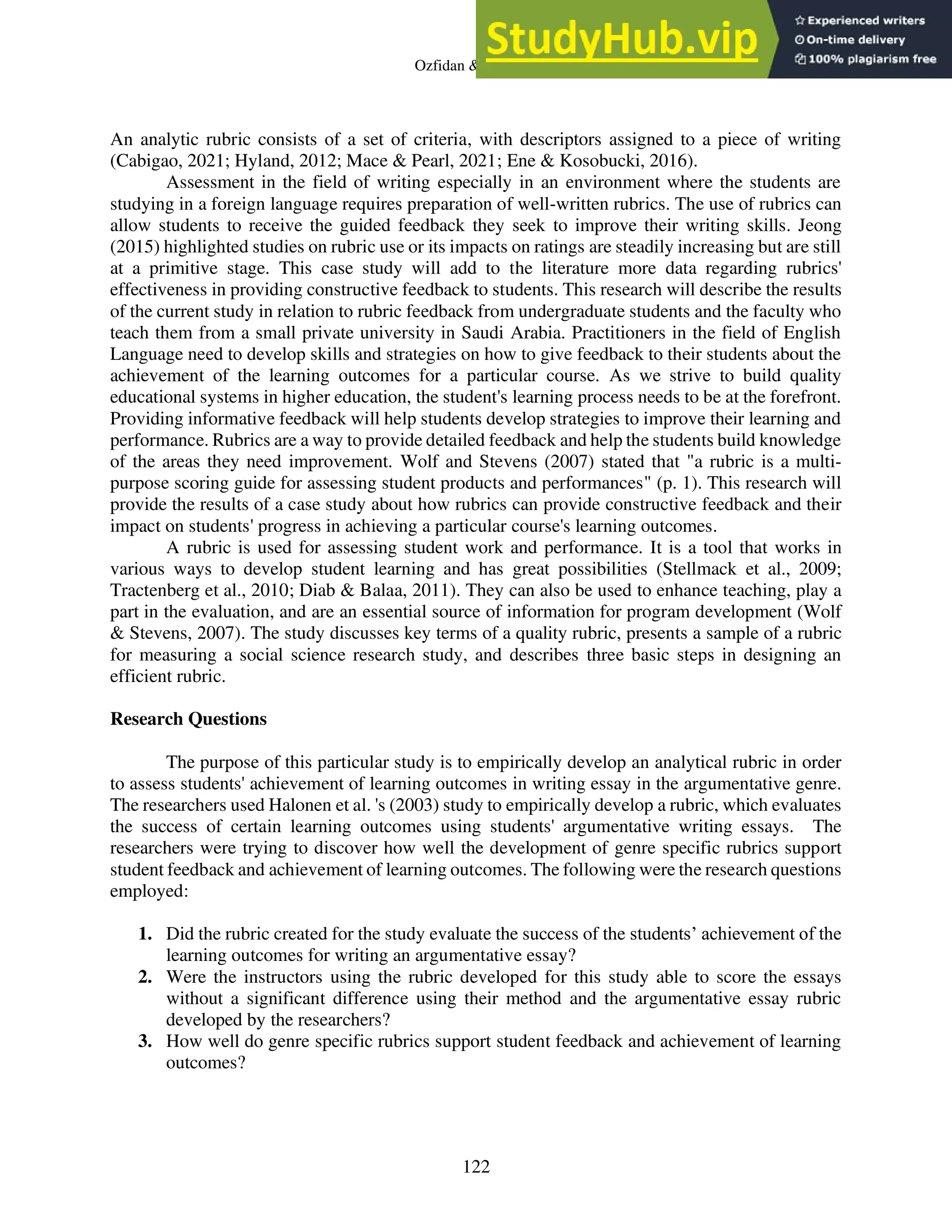 Assessment Of Students Argumentative Writing A Rubric Development | PDF