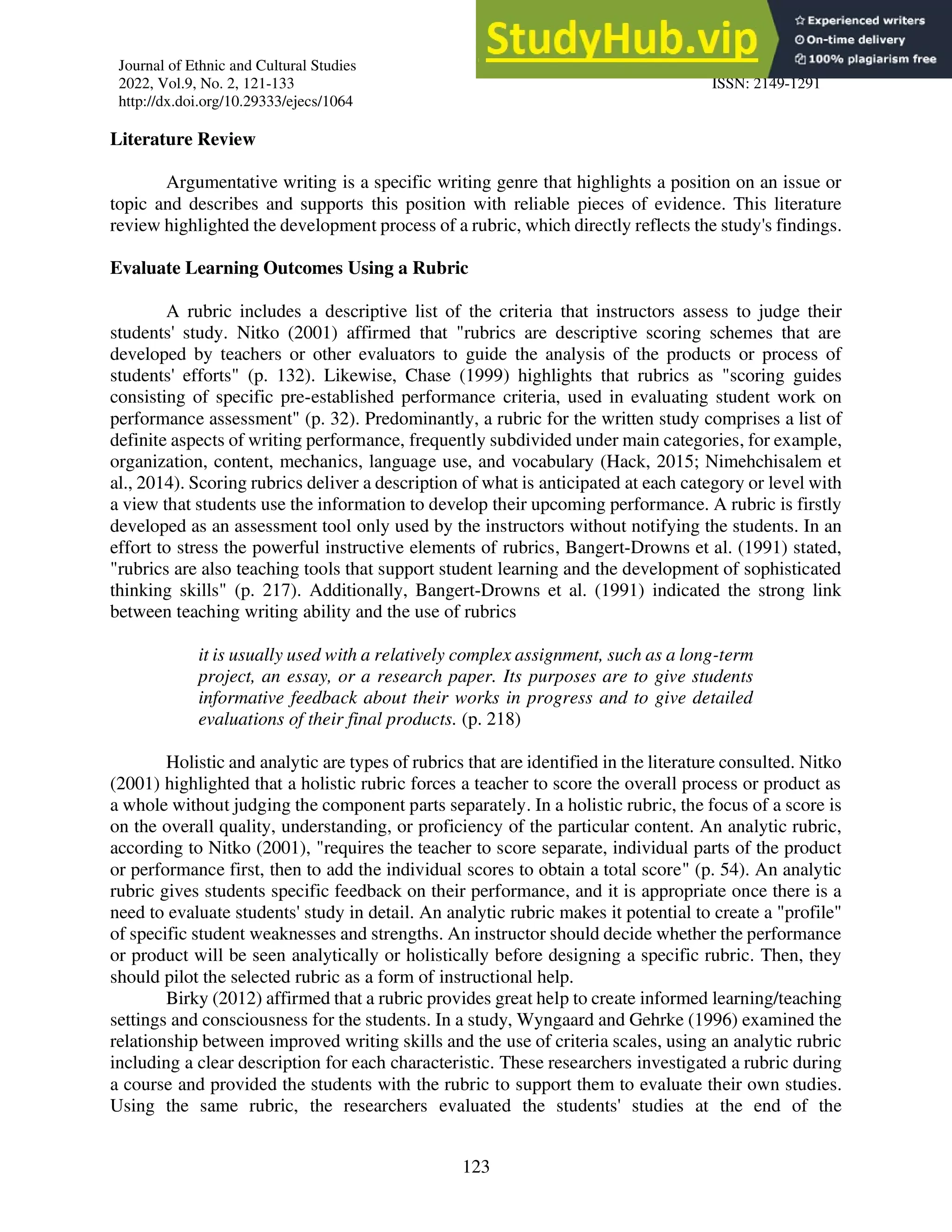 Assessment Of Students Argumentative Writing A Rubric Development | PDF