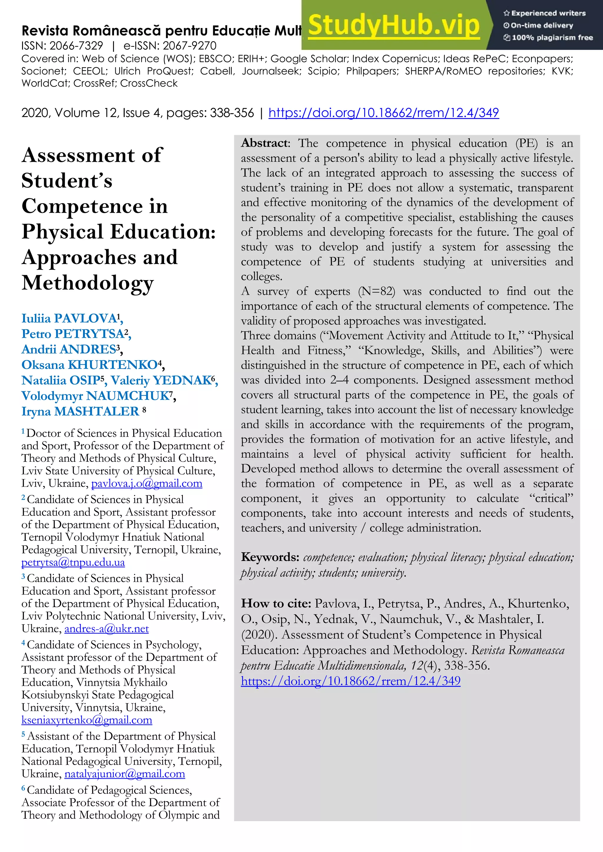 ASSESSMENT OF STUDENT S COMPETENCE IN PHYSICAL EDUCATION APPROACHHES ...