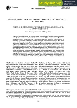 Assessment Of Teaching And Learning In Literature-Based Classrooms | PDF