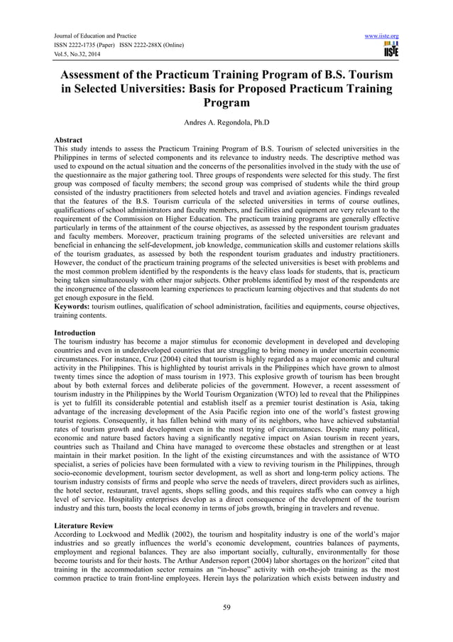 Assessment of the practicum training program of b.s. tourism in ...