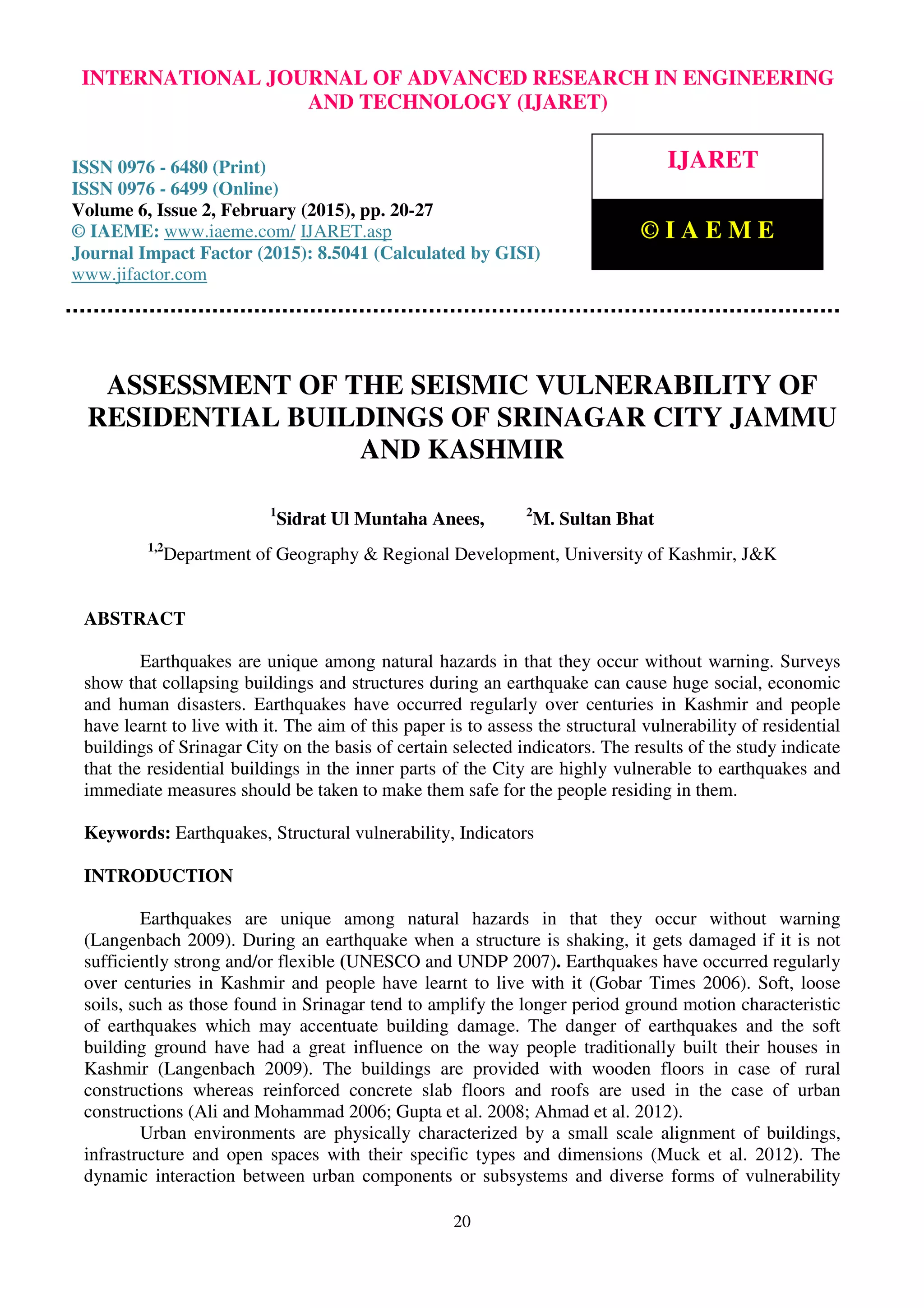 ASSESSMENT OF THE SEISMIC VULNERABILITY OF RESIDENTIAL BUILDINGS OF SRINAGAR CITY JAMMU AND ...