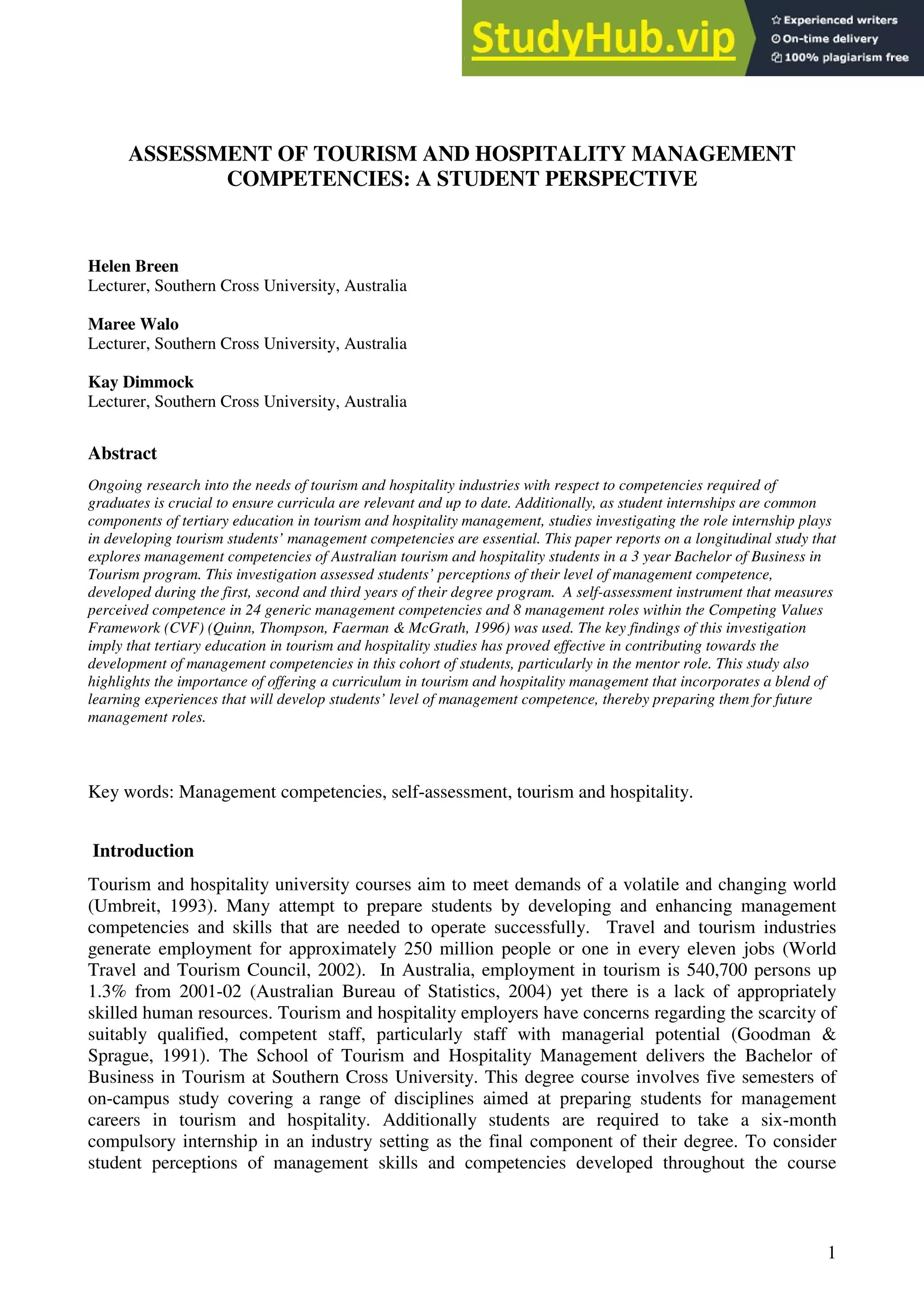 Assessment Of Tourism And Hospitality Management Competencies A Student Perspective | PDF ...