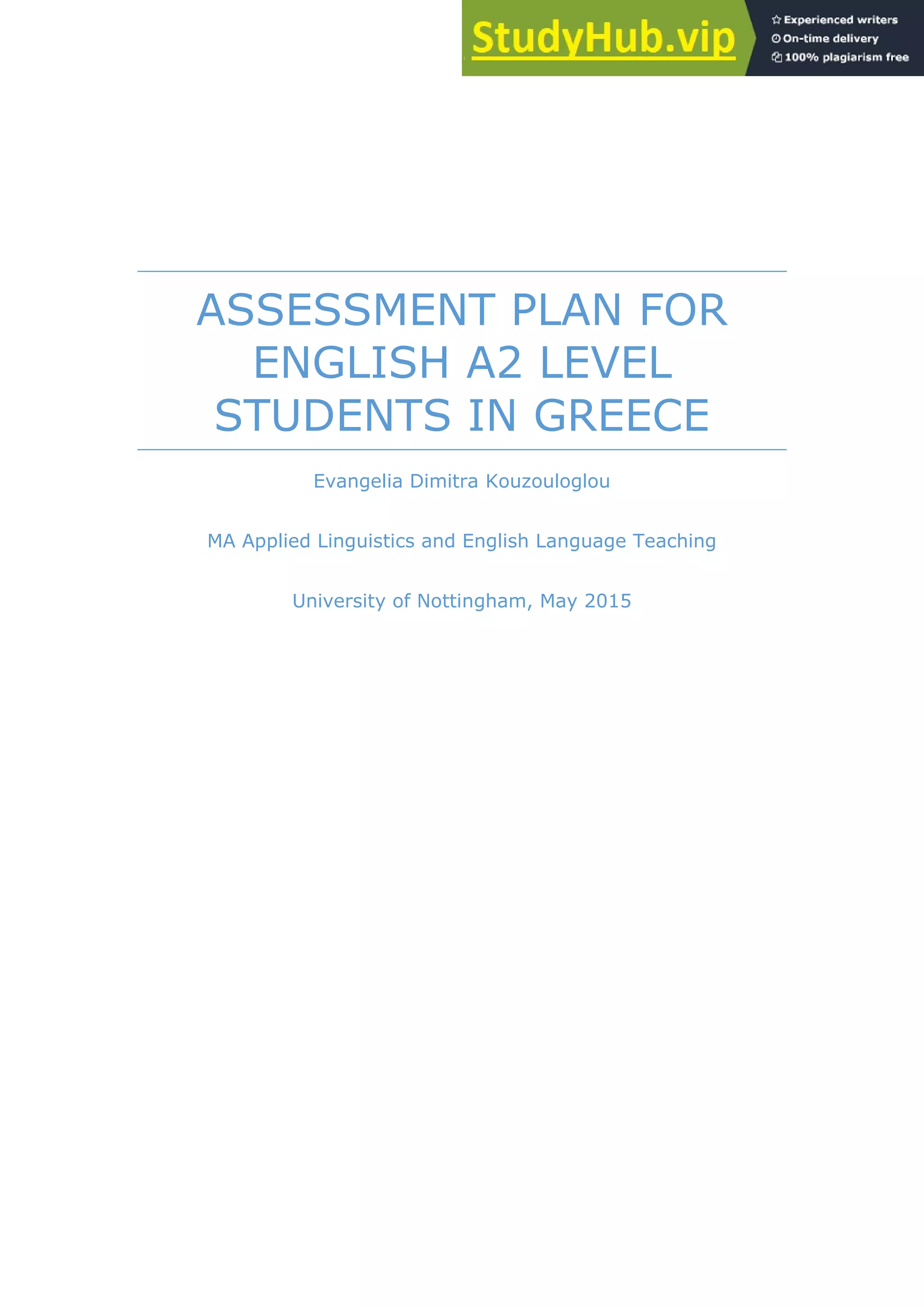 ASSESSMENT PLAN FOR ENGLISH A2 LEVEL STUDENTS IN GREECE | PDF