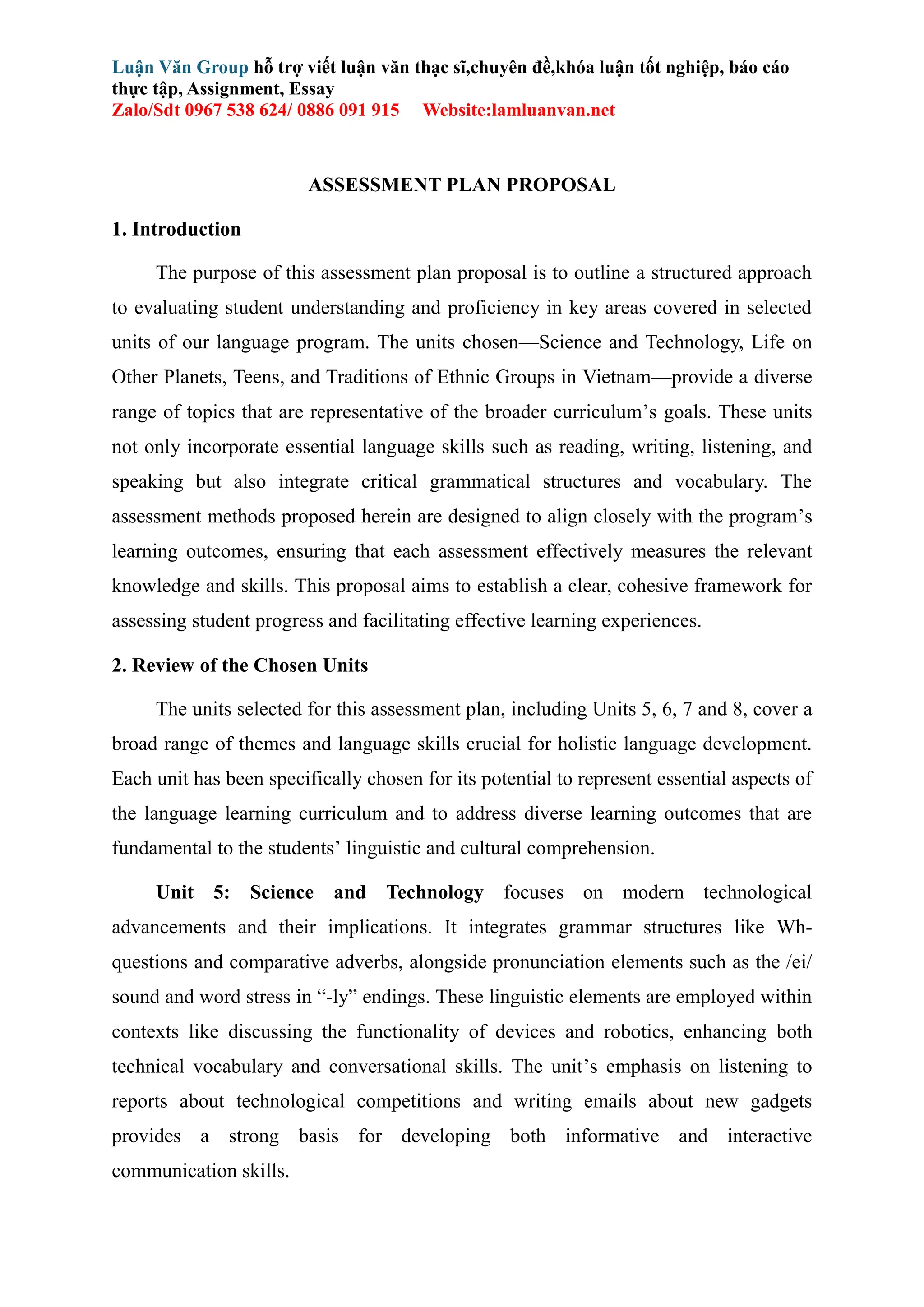 This assessment plan proposal is to outline a structured approach to ...